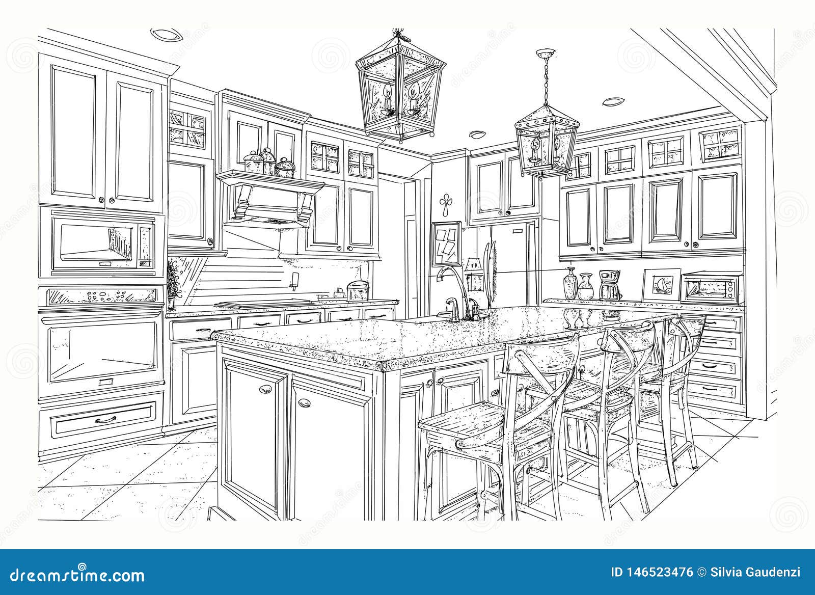 A Kitchen Furnished with an Island Table Stock Illustration ...