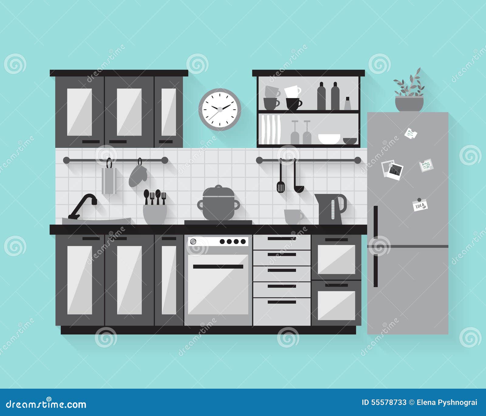 Kitchen with furniture stock vector. Illustration of design - 55578733
