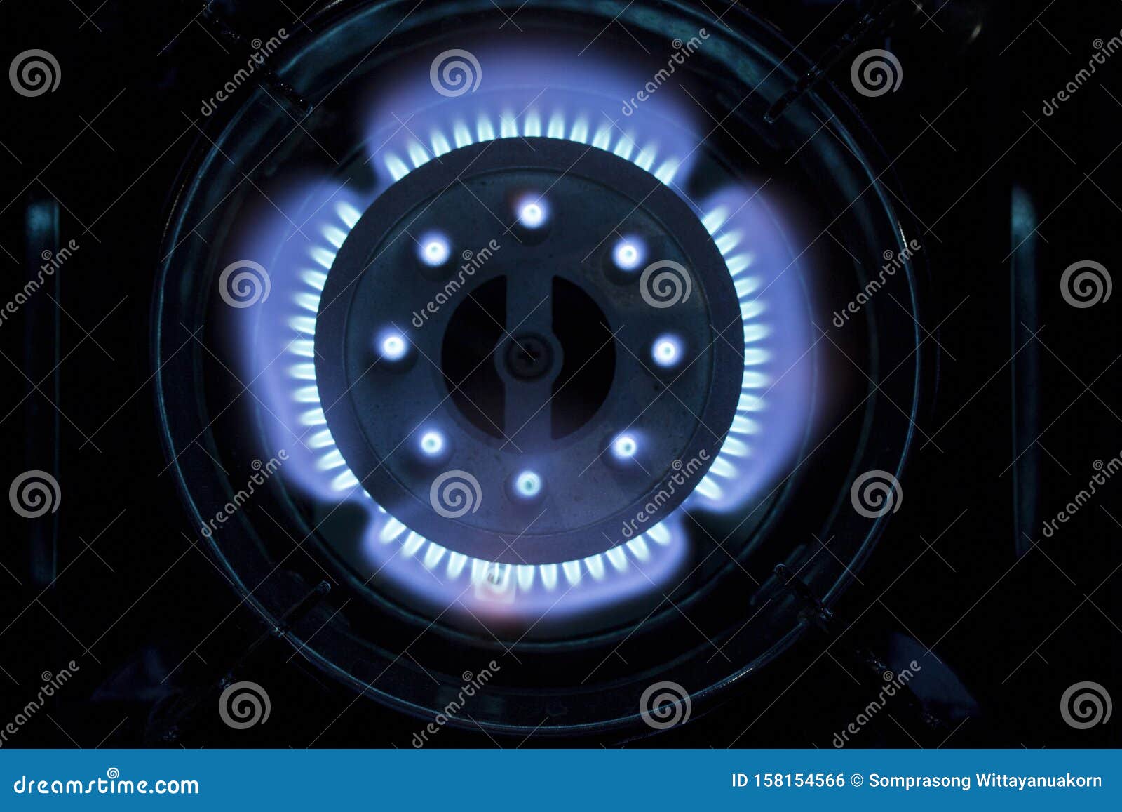 Kitchen Gas Stove in a Kitchen Burning Gas. Blue Fire in Gas Burner ...