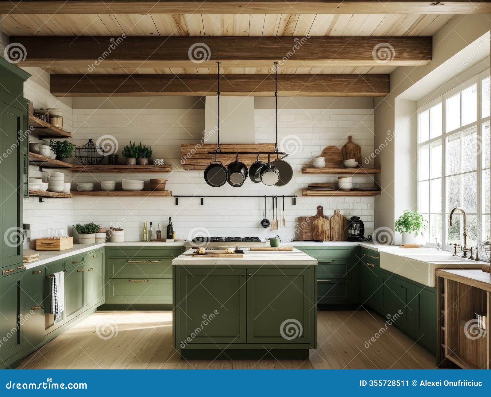A Kitchen with Green Cabinets, White Counters, and a Pot Cooking Stock ...