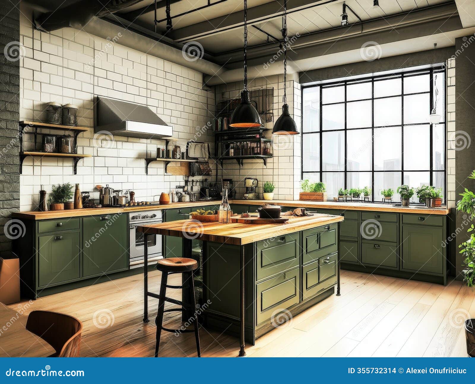 A Kitchen with Green Cabinets, White Counters, and a Pot Cooking Stock ...
