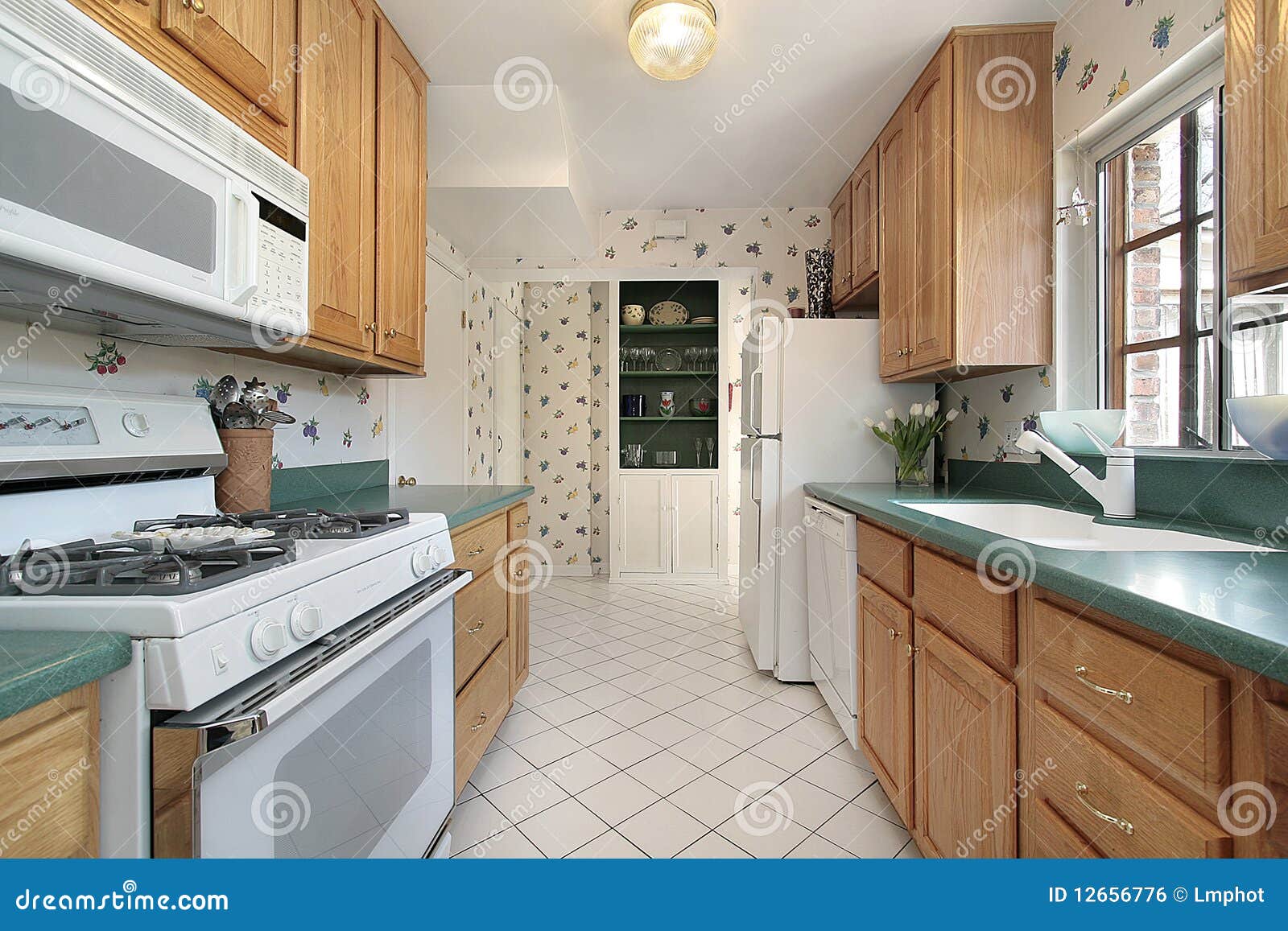 Kitchen with Green Counters Stock Photo - Image of counter, floor: 12656776
