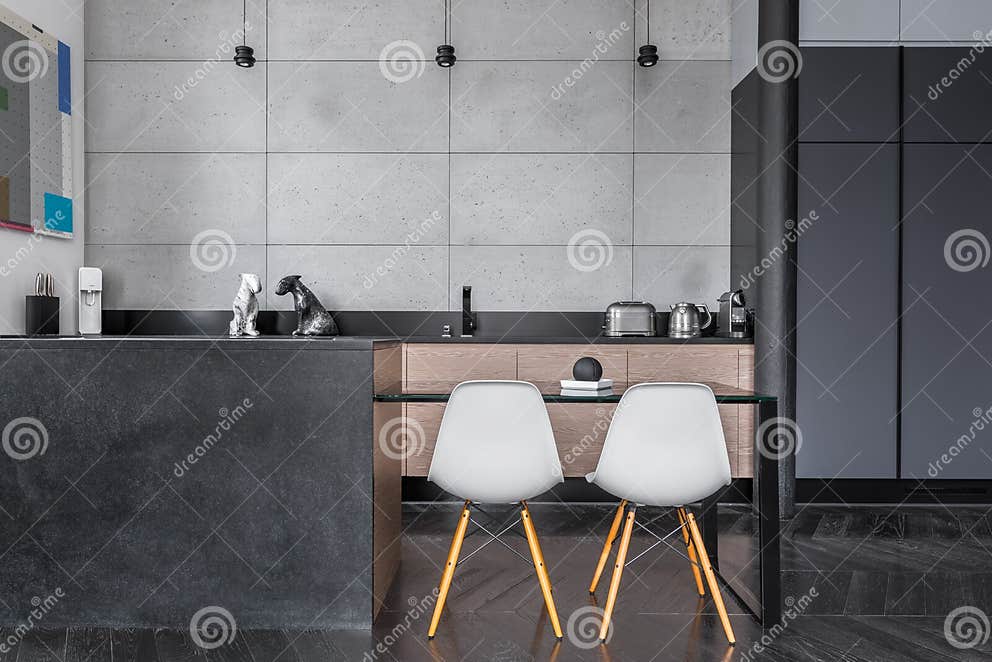 Kitchen with Grey Wall Tiles Stock Photo - Image of island, modern ...