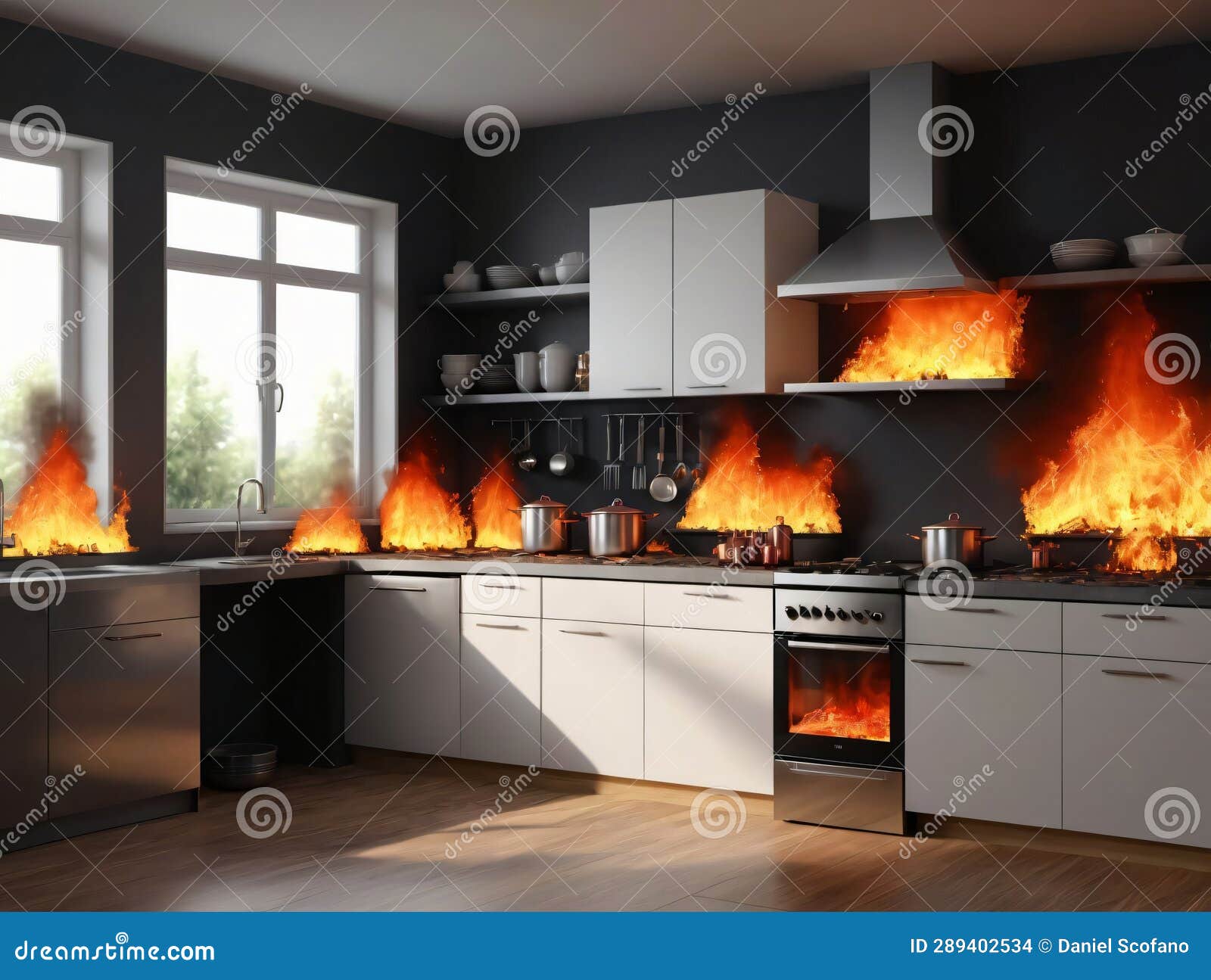 A Kitchen that Has a Lot of Fire in it. Generative AI Stock ...