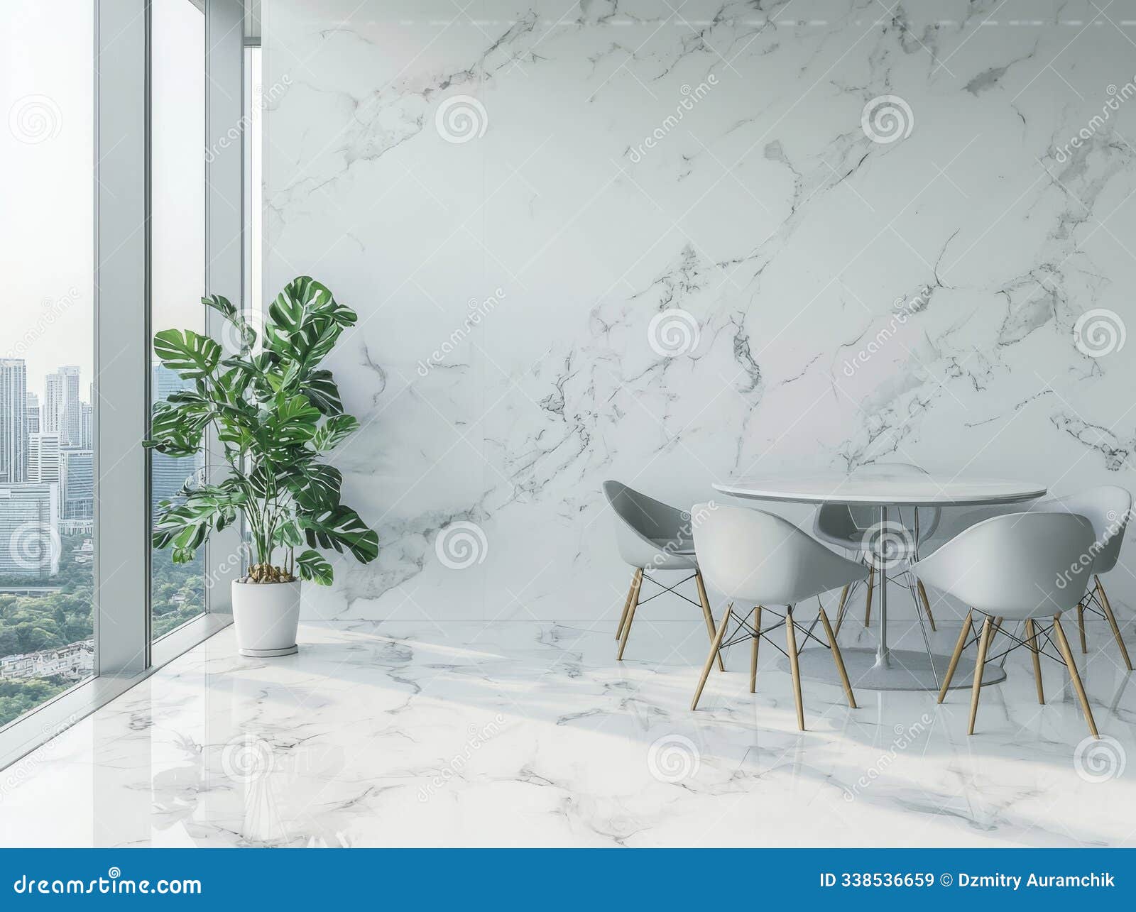 The Kitchen Has a Minimalist Design with Large Windows and Marble ...