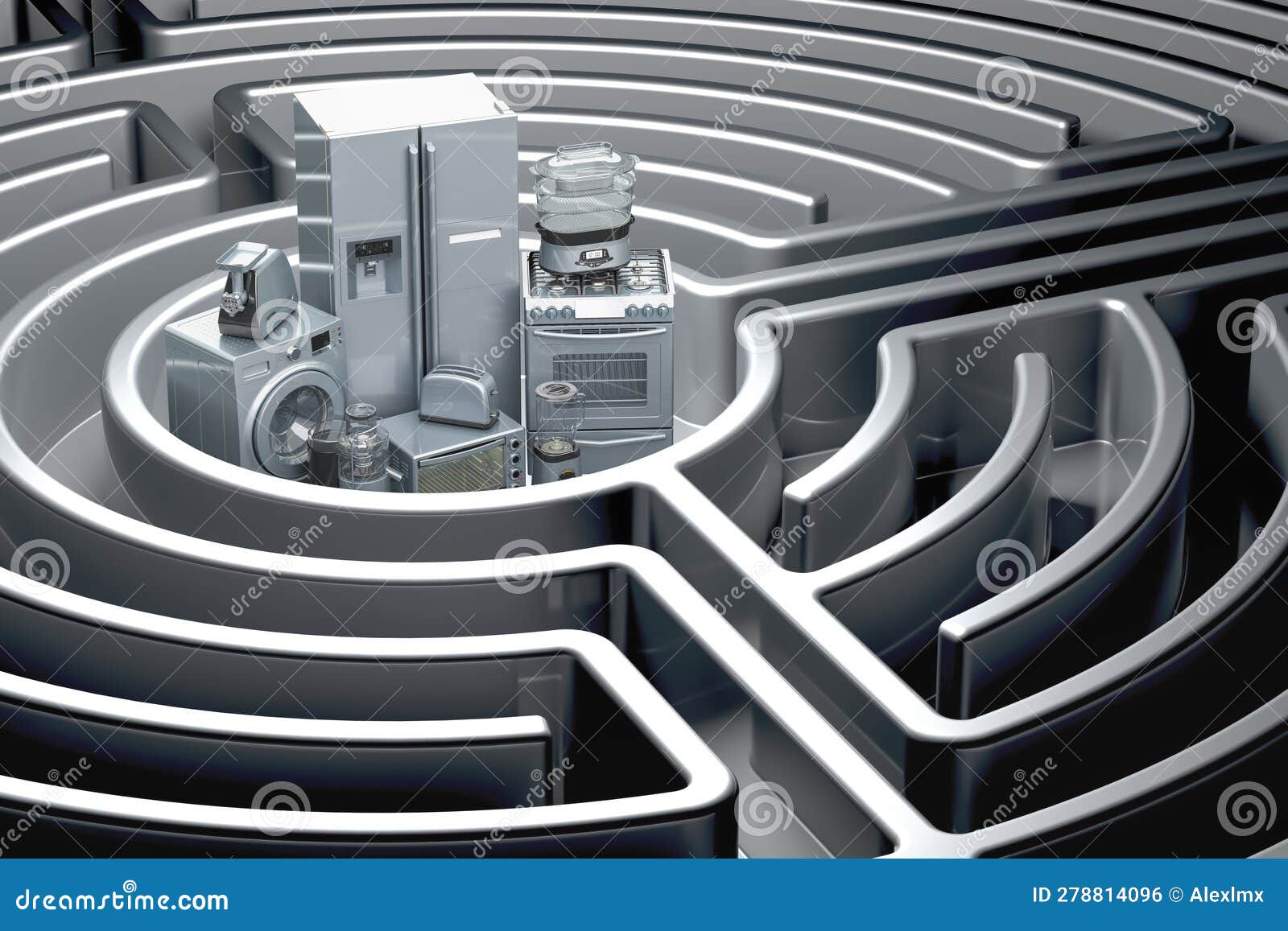 Kitchen and Home Appliance Inside Dark Labyrinth, 3D Rendering Stock ...