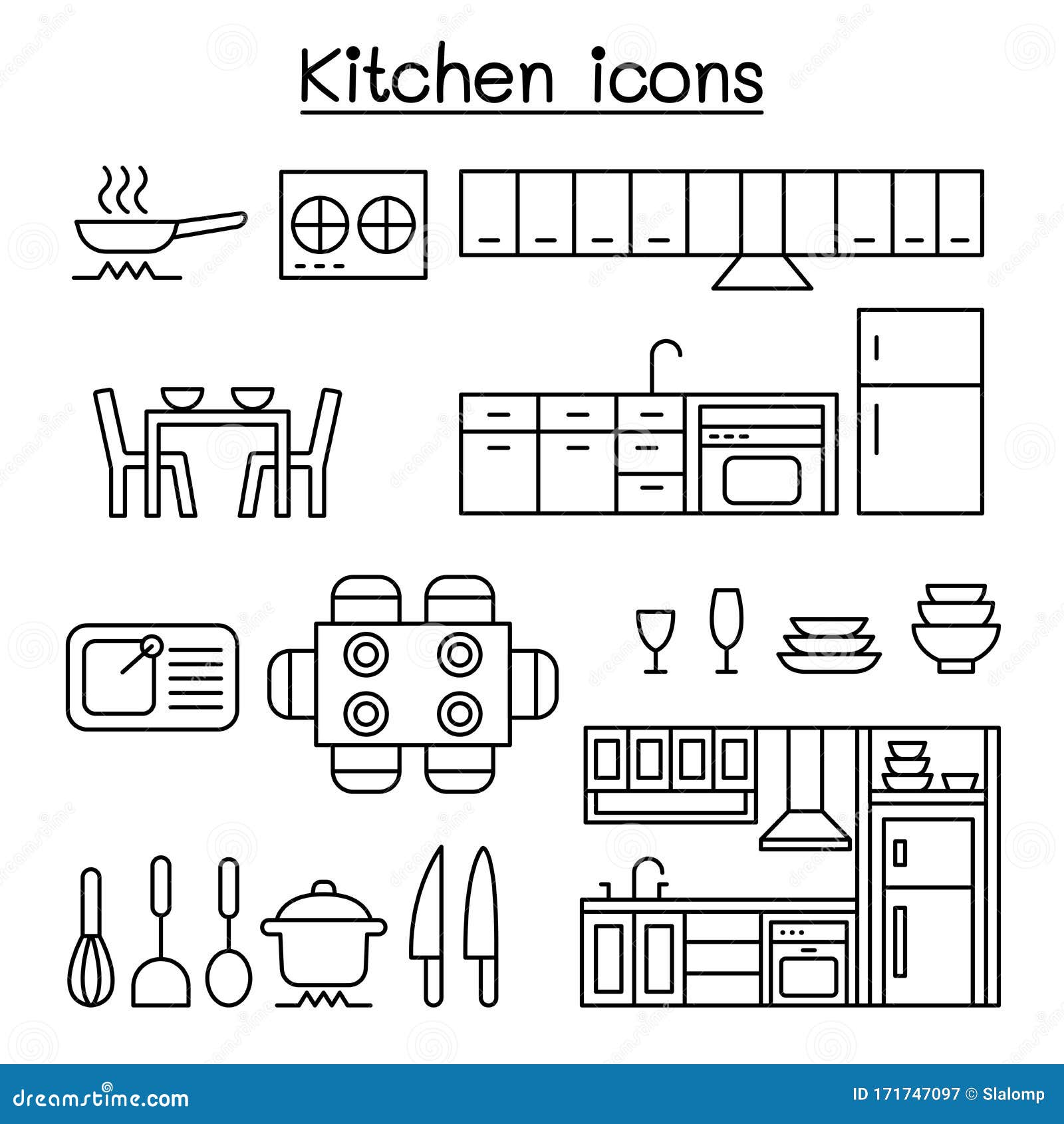 Kitchen Icon Set in Thin Line Style Stock Vector - Illustration of ...