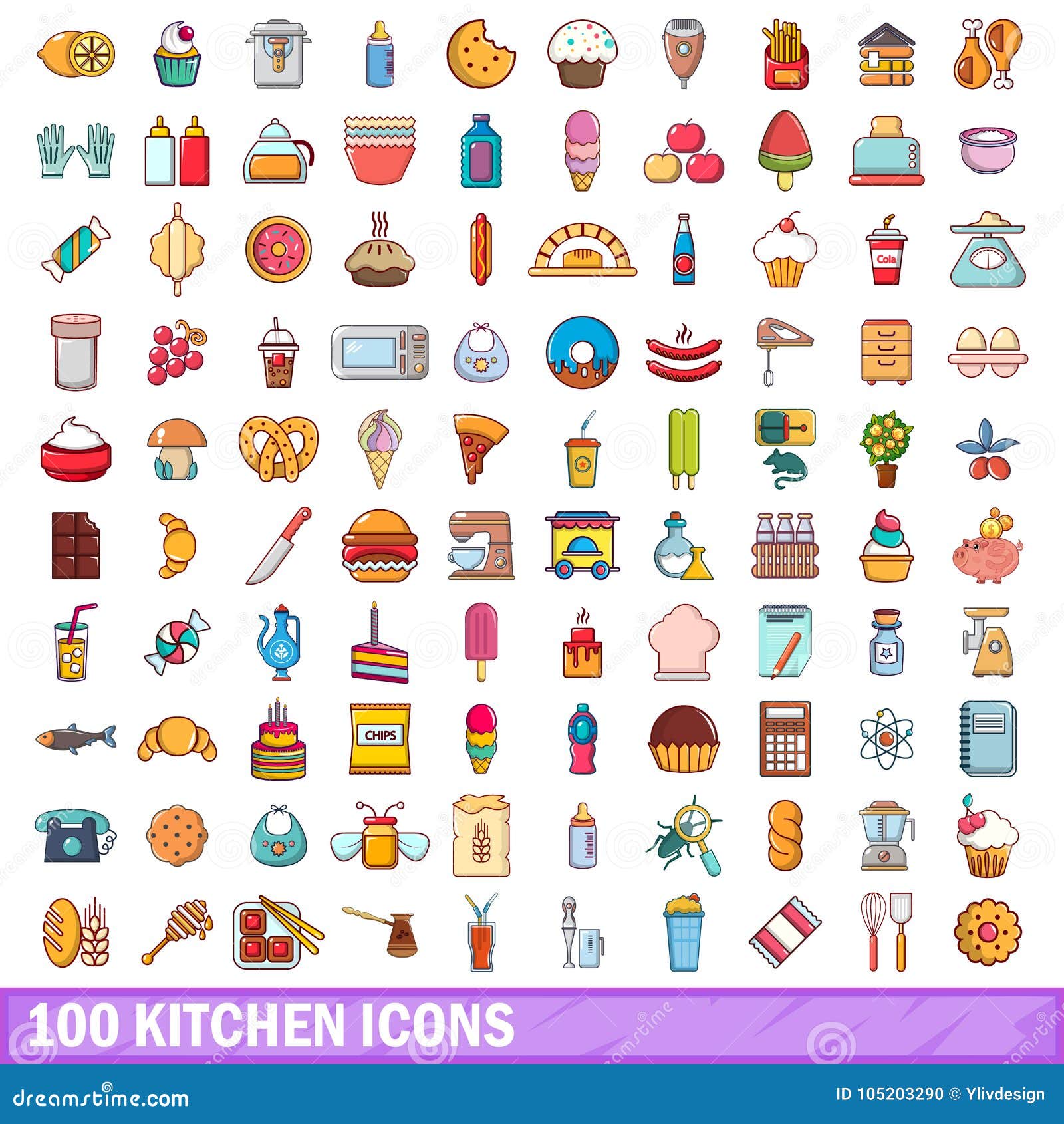 100 Kitchen Icons Set, Cartoon Style Stock Vector - Illustration of ...