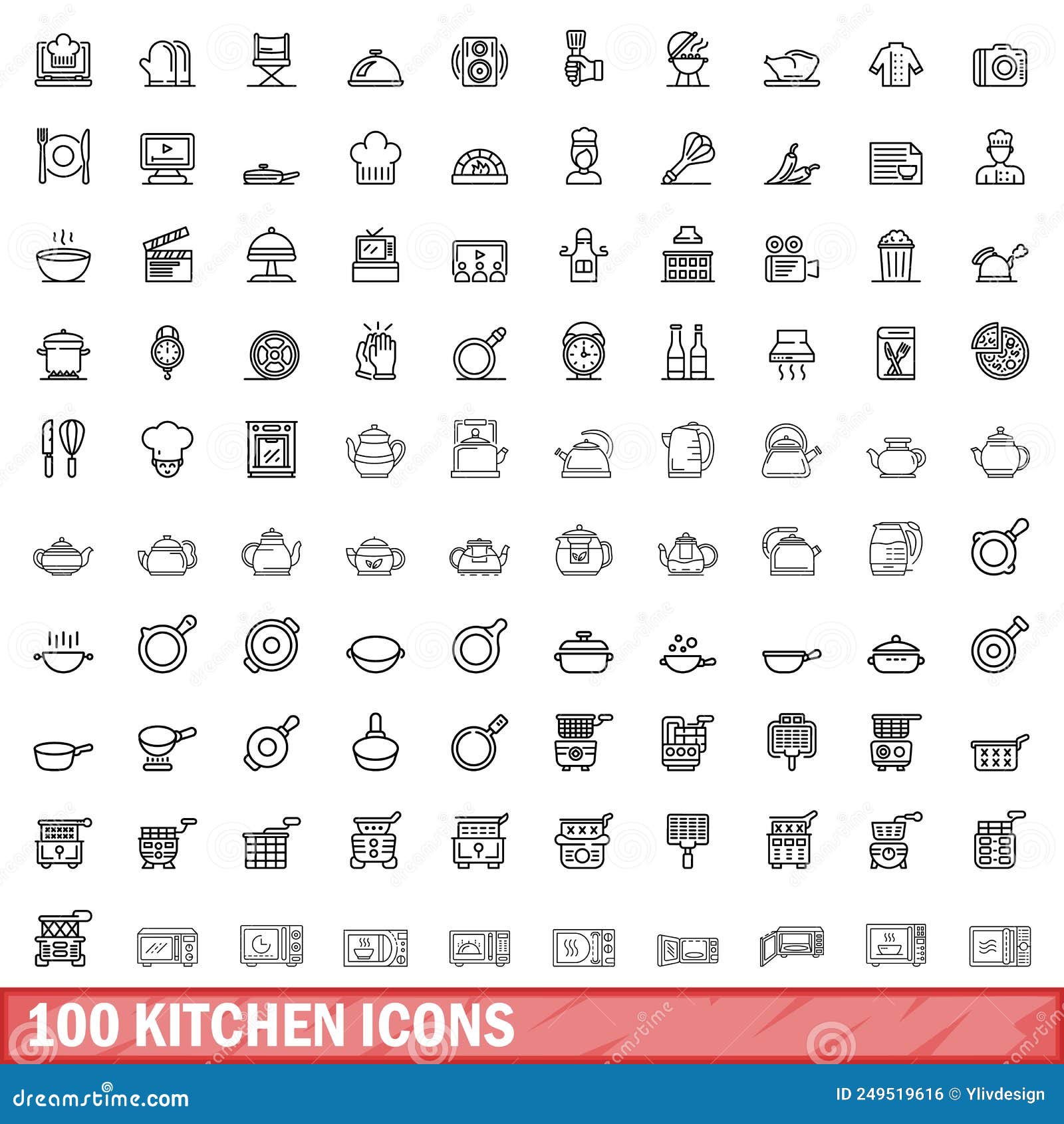 100 Kitchen Icons Set, Outline Style Stock Illustration - Illustration ...