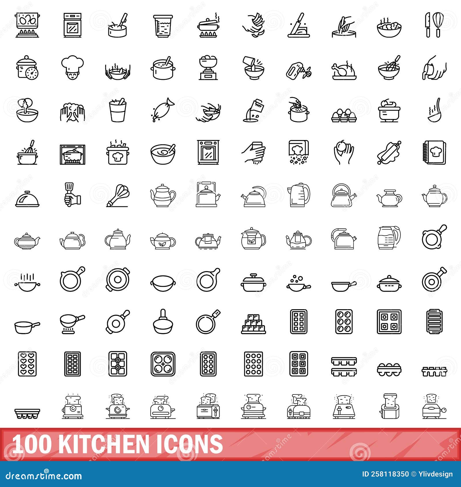 100 Kitchen Icons Set, Outline Style Stock Illustration - Illustration ...