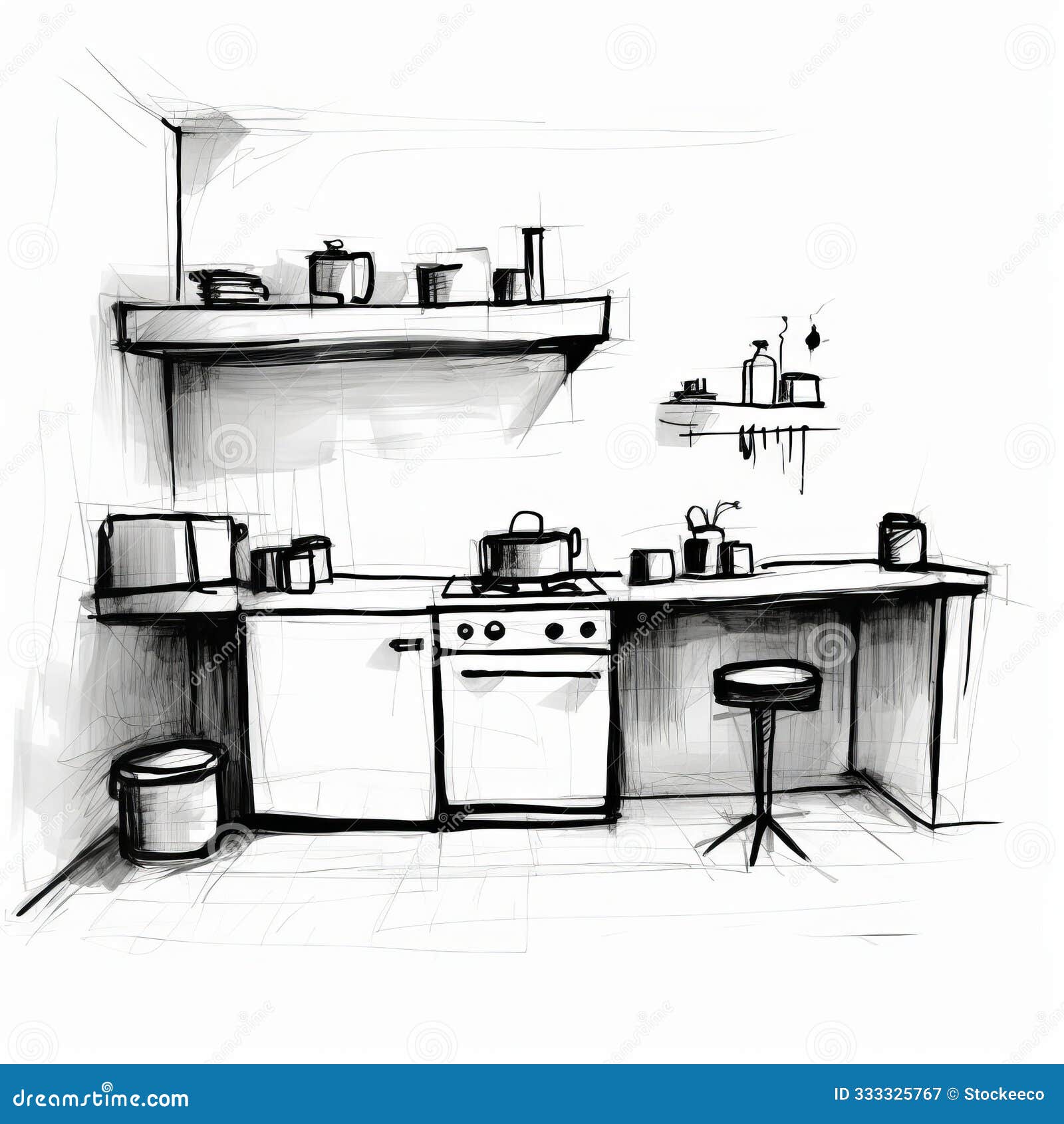 Rough Hand Drawn Sketch of a Simple Kitchen Design Stock Illustration ...