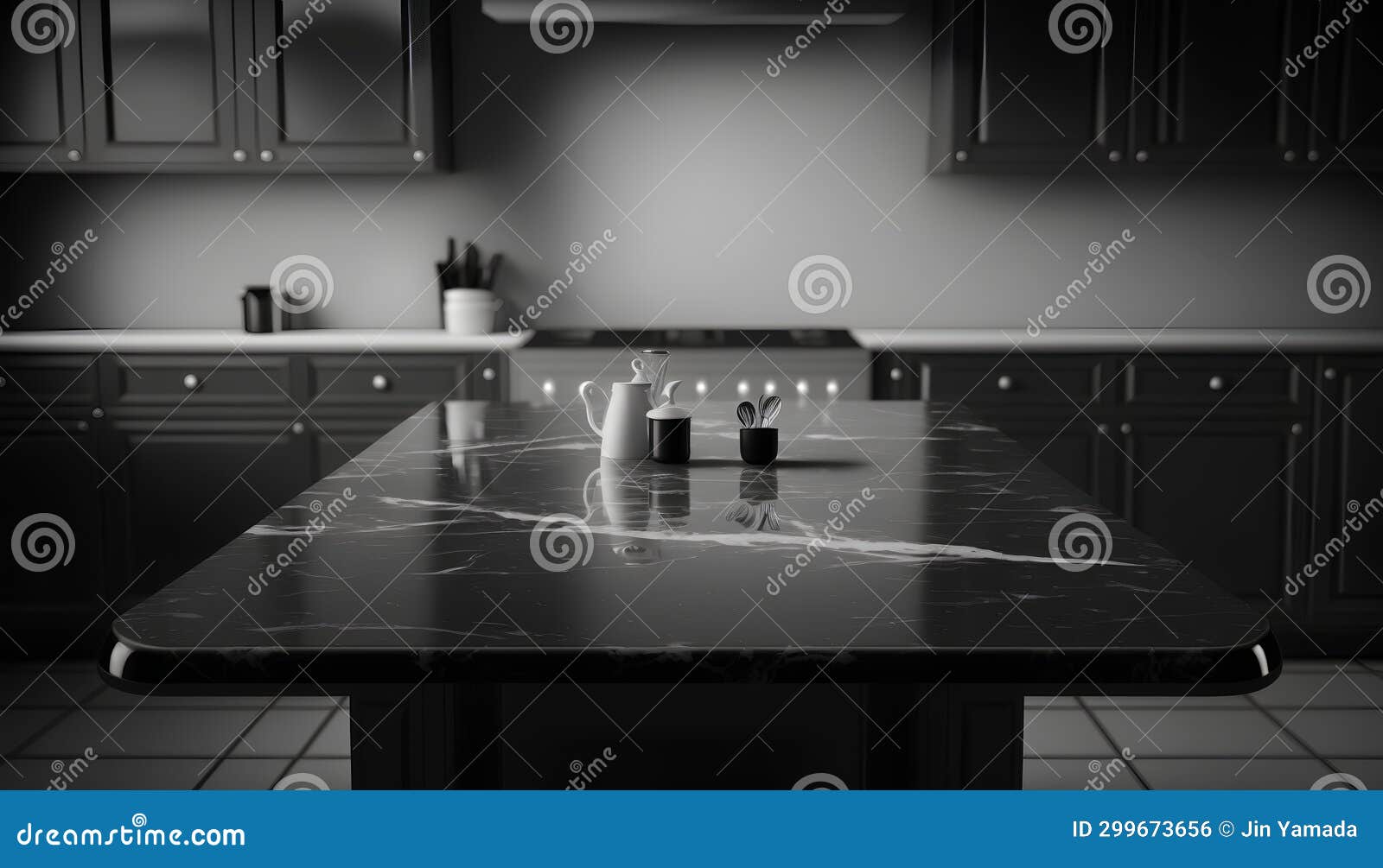 Kitchen Interior with Black Granite Countertop. 3d Render Stock ...