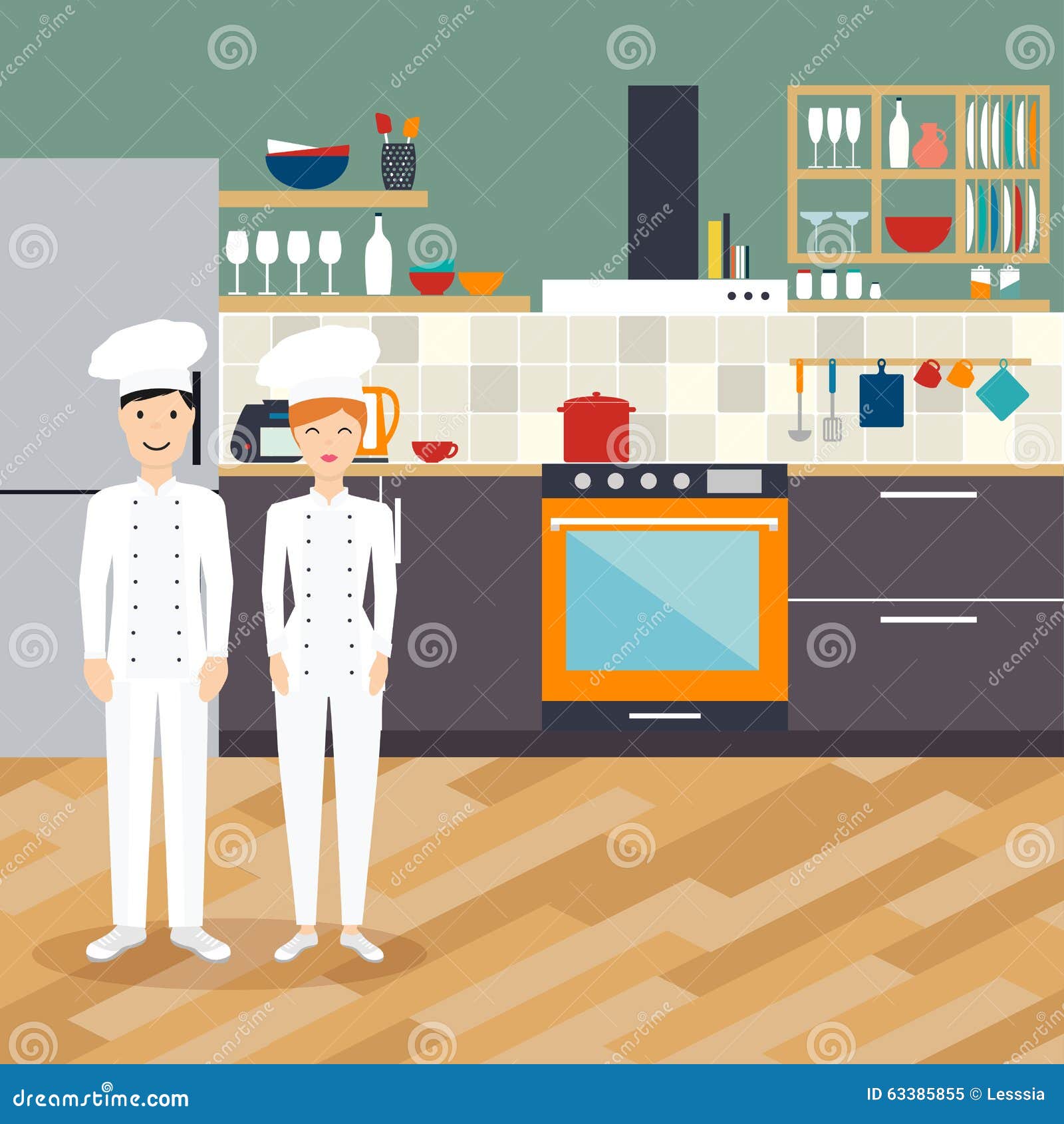 Kitchen Interior with Chef in Flat Design. Stock Vector - Illustration ...
