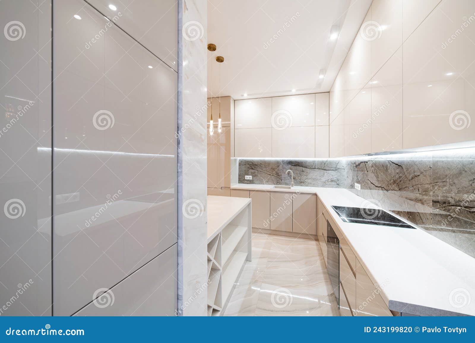 Kitchen Interior Design in Light Colors and White Countertop Stock ...