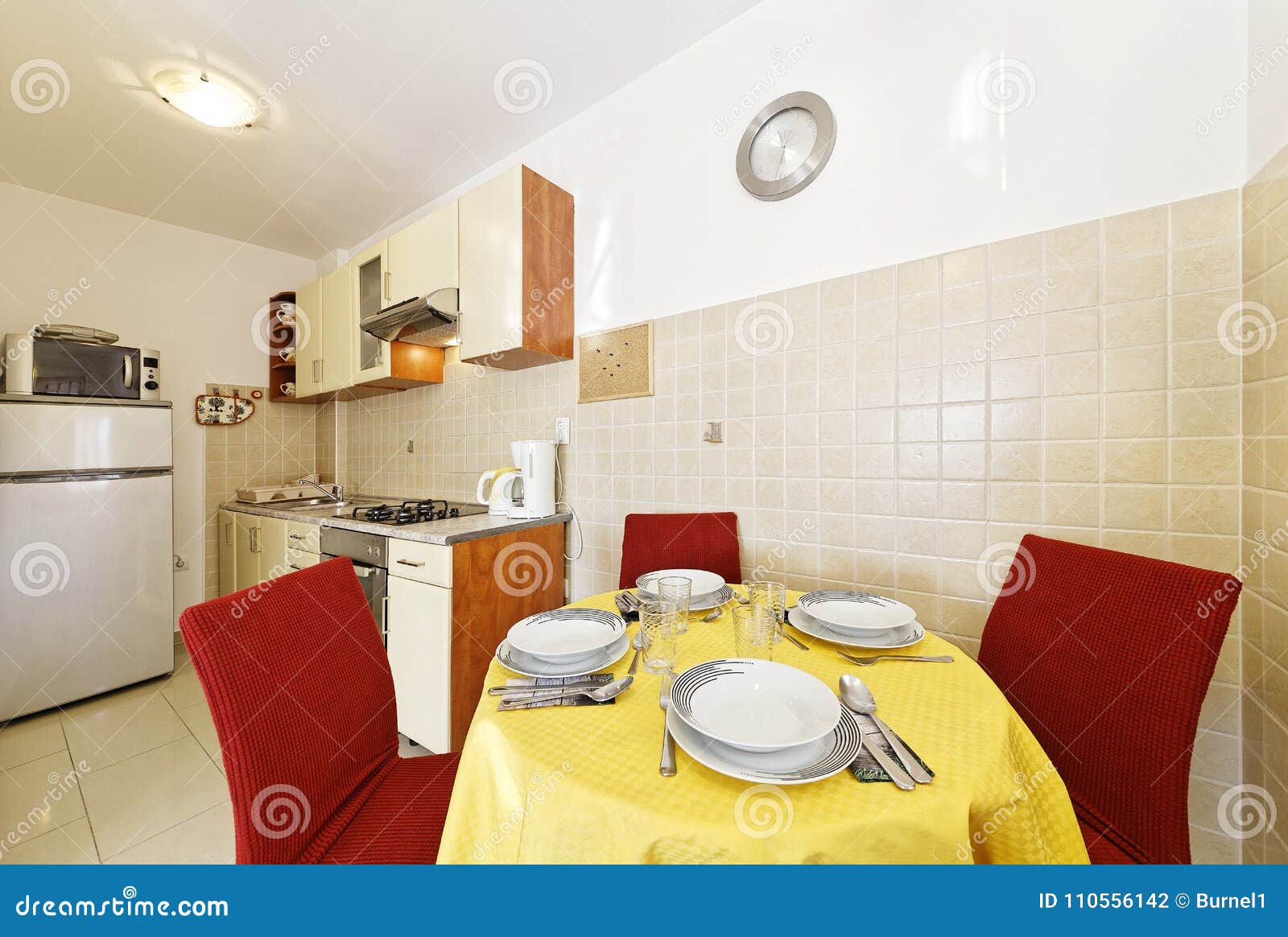 Dining table and kitchen stock photo. Image of dish - 110556142
