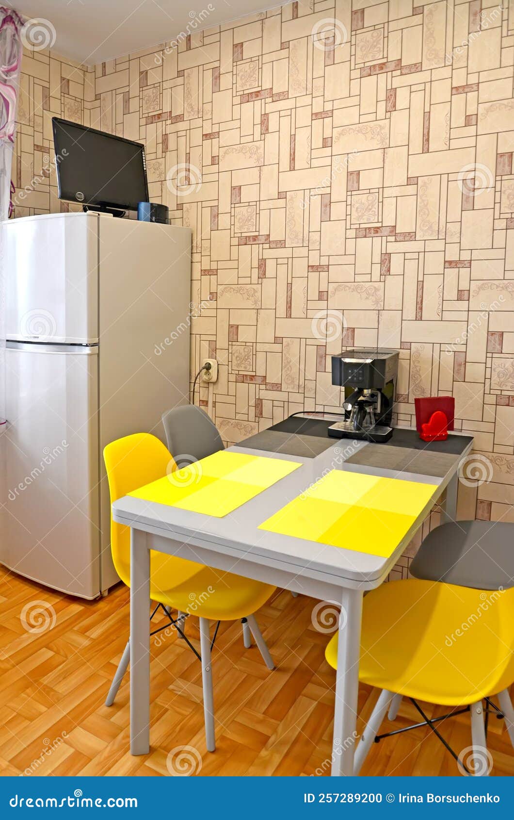 Kitchen Interior with Fridge and Yellow Chairs Stock Photo - Image of ...
