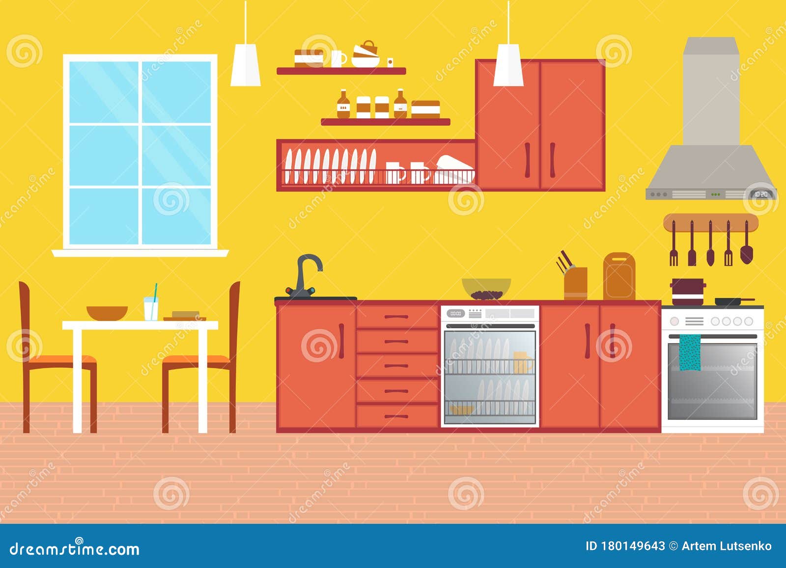 Kitchen Interior , with Furniture. Flat Style Vector Illustration ...