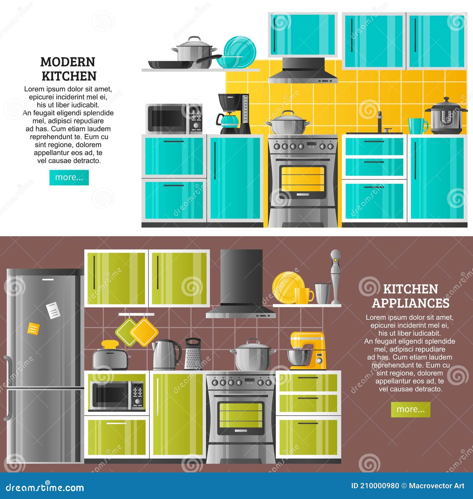 Kitchen Interior Horizontal Banners Stock Vector - Illustration of ...