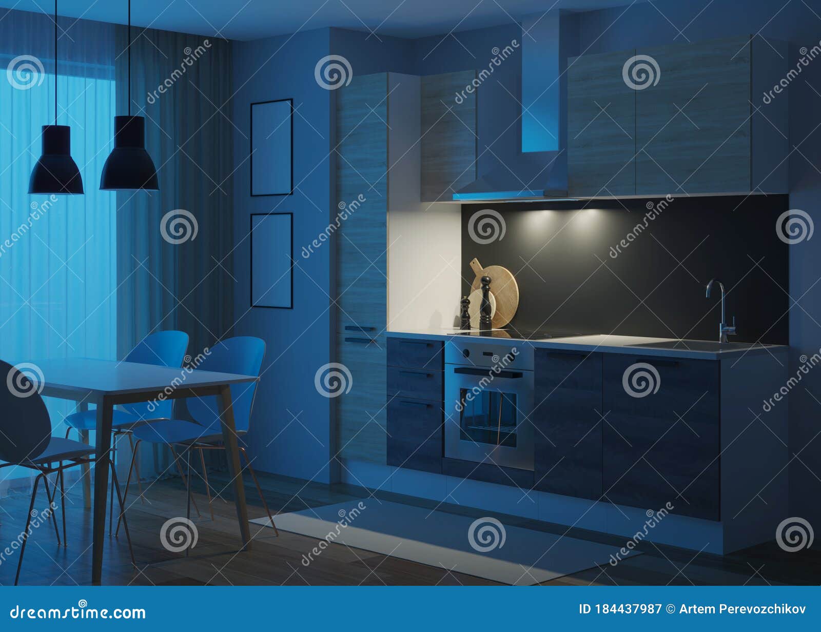 Kitchen Interior in a Modern Style. Night. Evening Lighting Stock ...