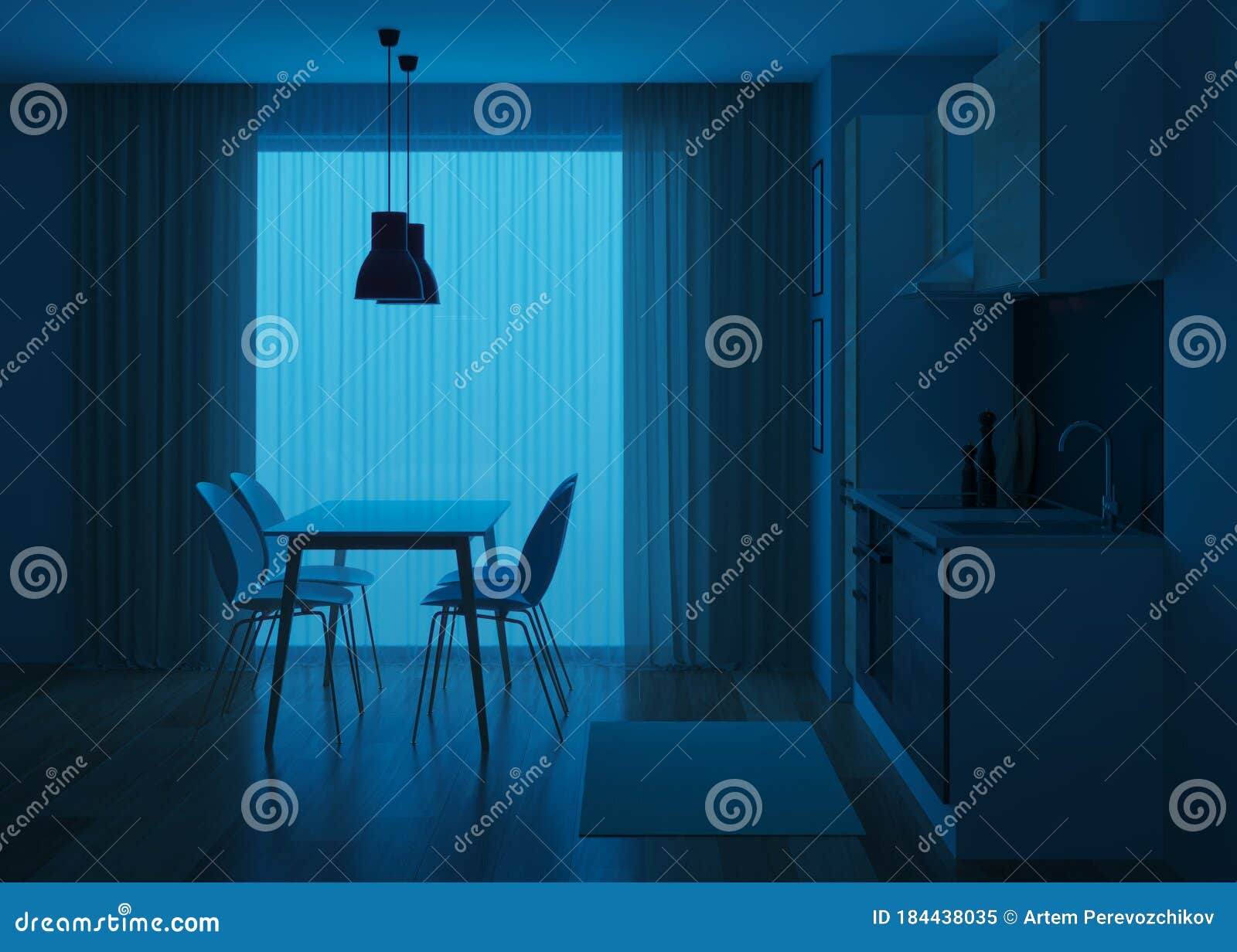 Kitchen Interior in a Modern Style. Night. Evening Lighting Stock ...