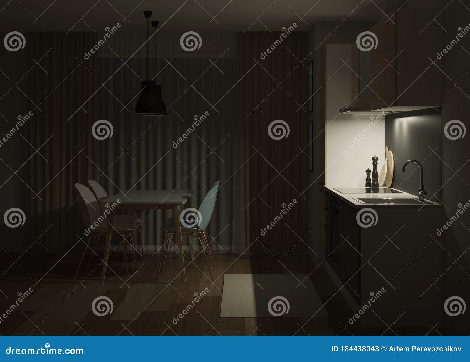 Kitchen Interior in a Modern Style. Night. Evening Lighting Stock ...
