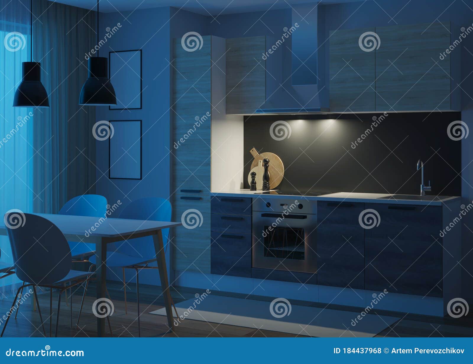 Kitchen Interior in a Modern Style. Night. Evening Lighting Stock ...