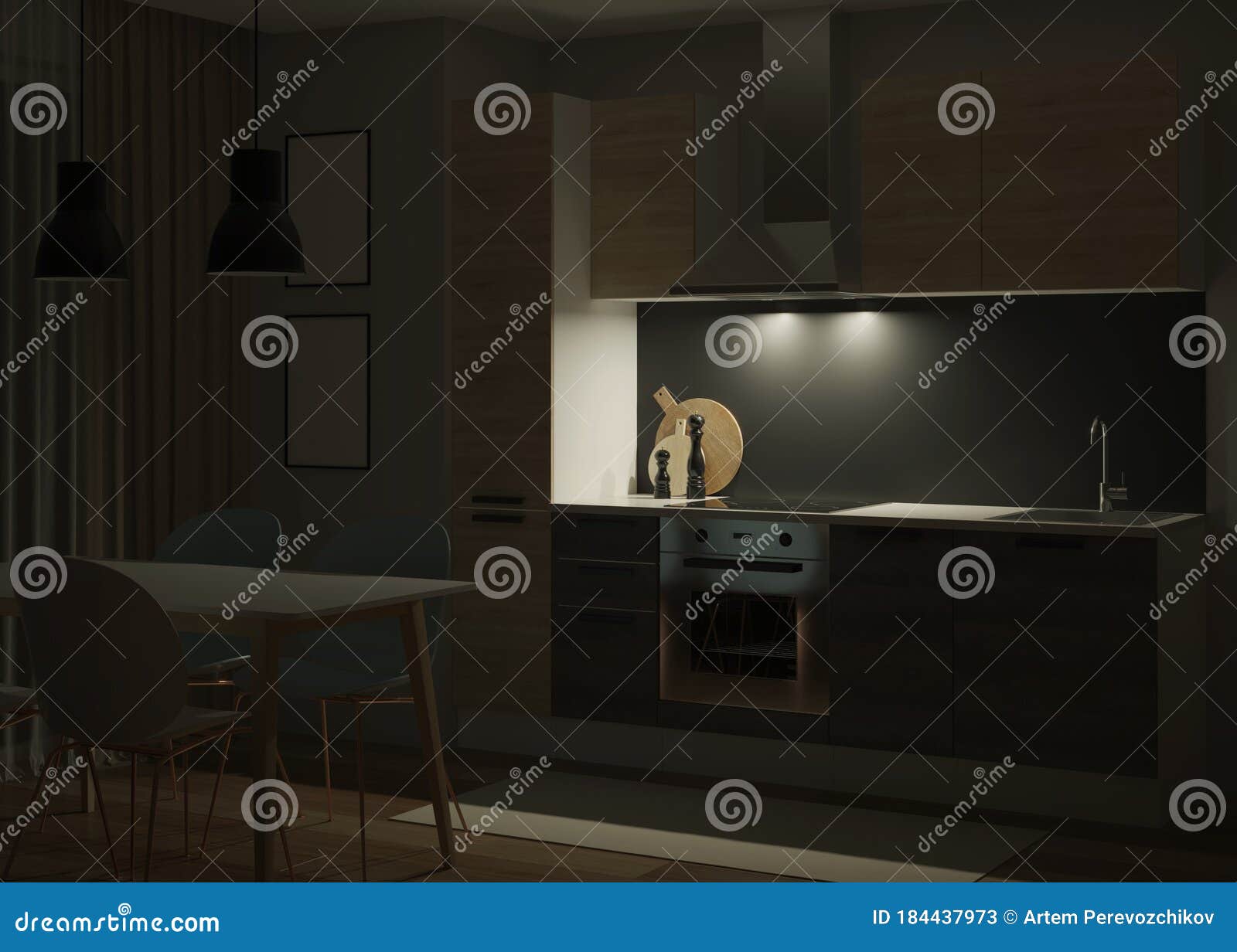 Kitchen Interior in a Modern Style. Night. Evening Lighting Stock ...