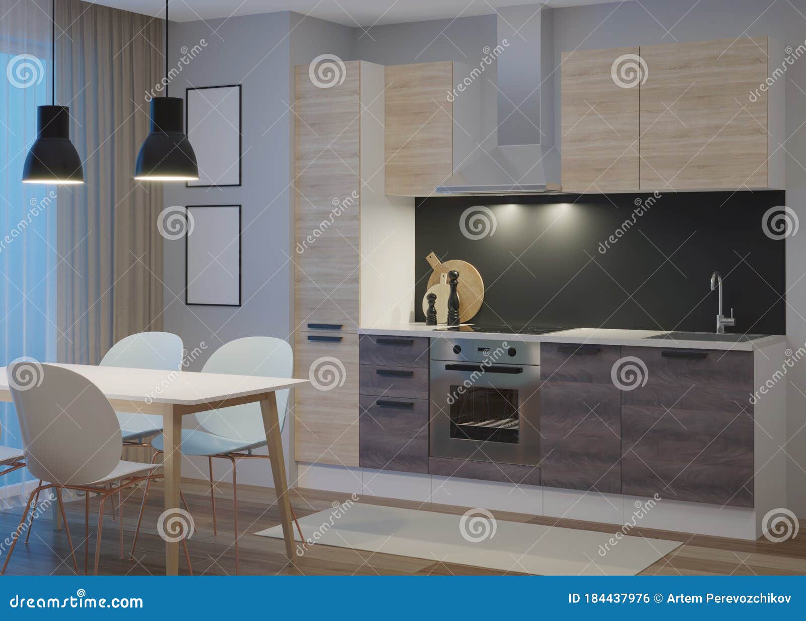 Kitchen Interior in a Modern Style. Night. Evening Lighting Stock ...