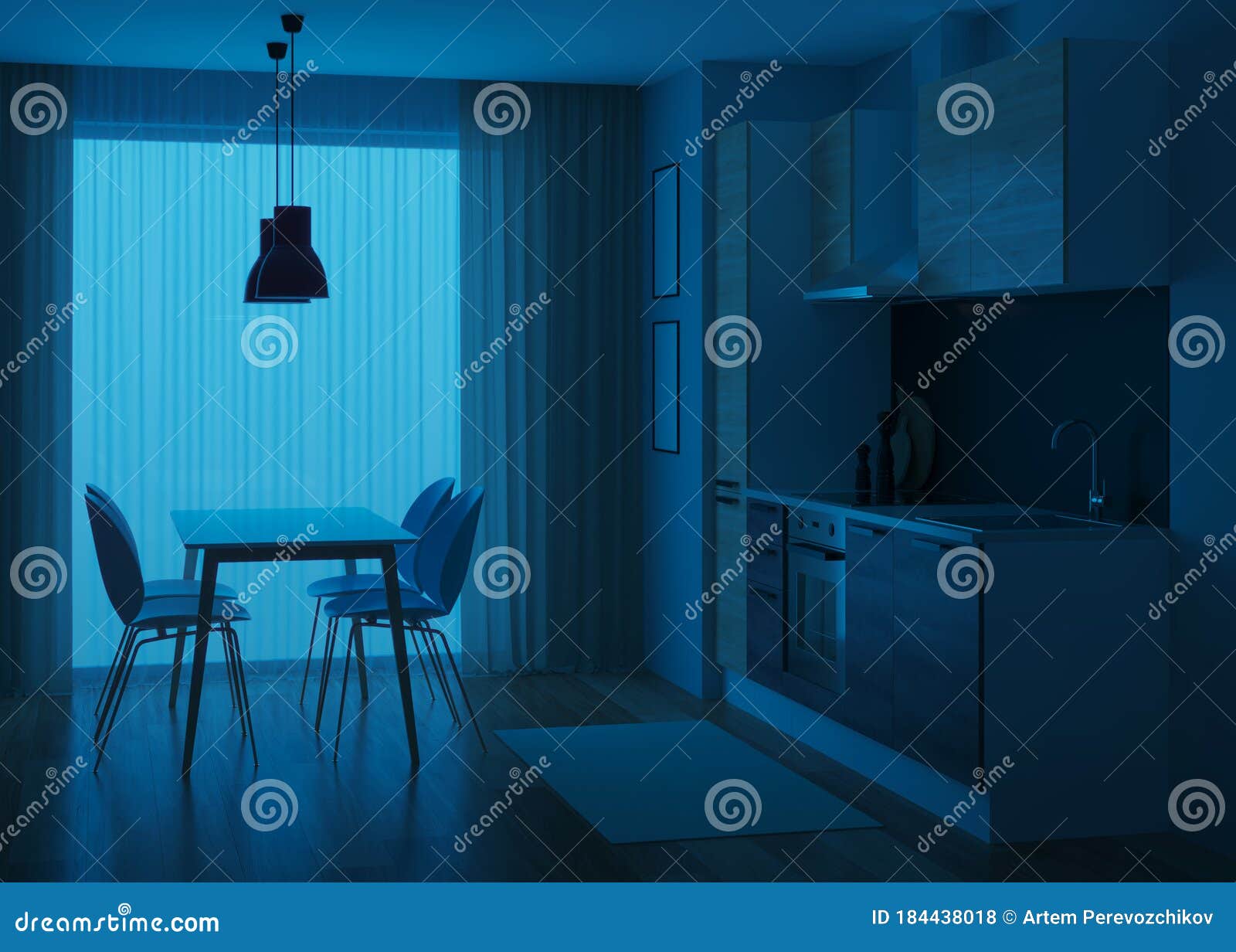 Kitchen Interior in a Modern Style. Night. Evening Lighting Stock ...