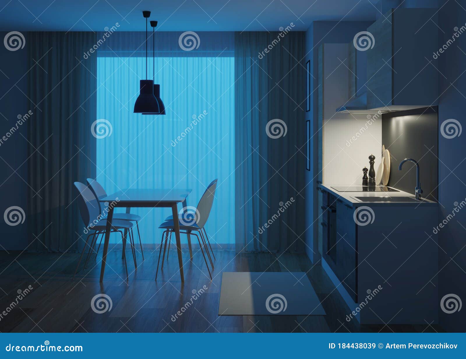 Kitchen Interior in a Modern Style. Night. Evening Lighting Stock ...