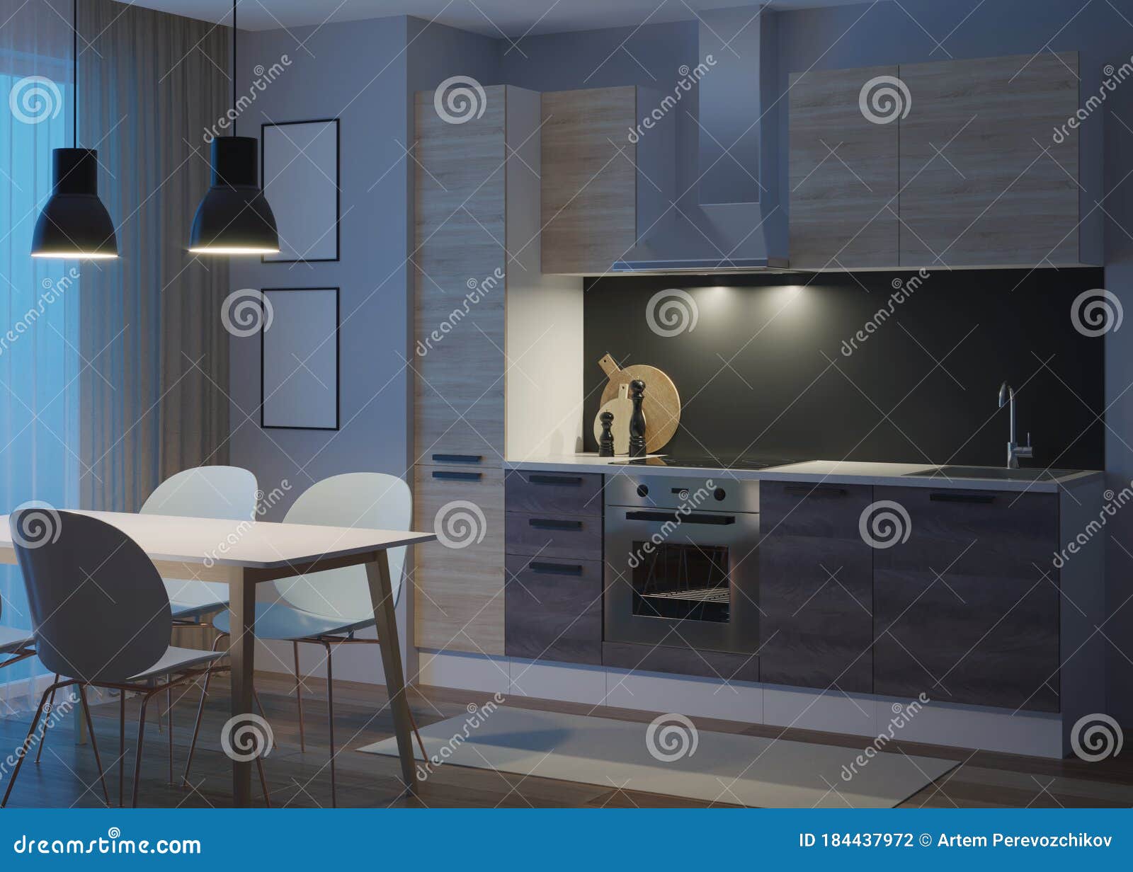 Kitchen Interior in a Modern Style. Night. Evening Lighting Stock ...
