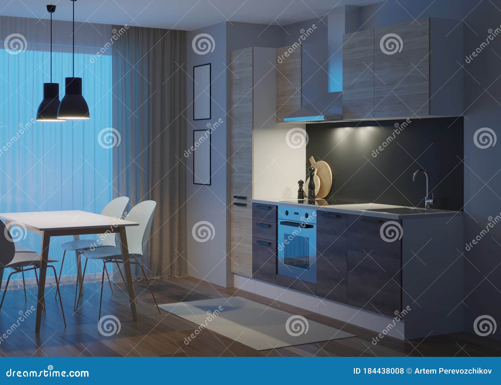 Kitchen Interior in a Modern Style. Night. Evening Lighting Stock ...