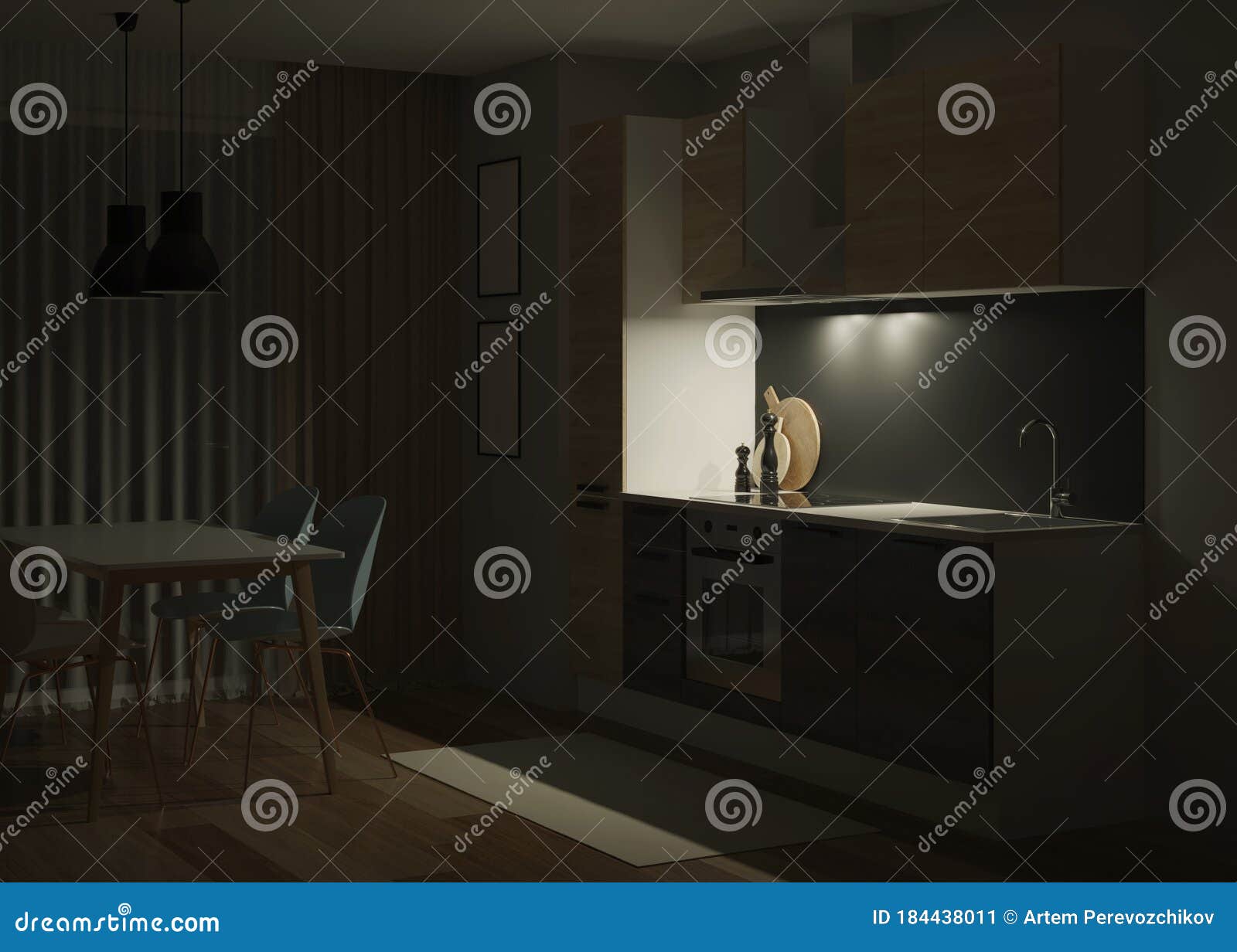 Kitchen Interior in a Modern Style. Night. Evening Lighting Stock ...