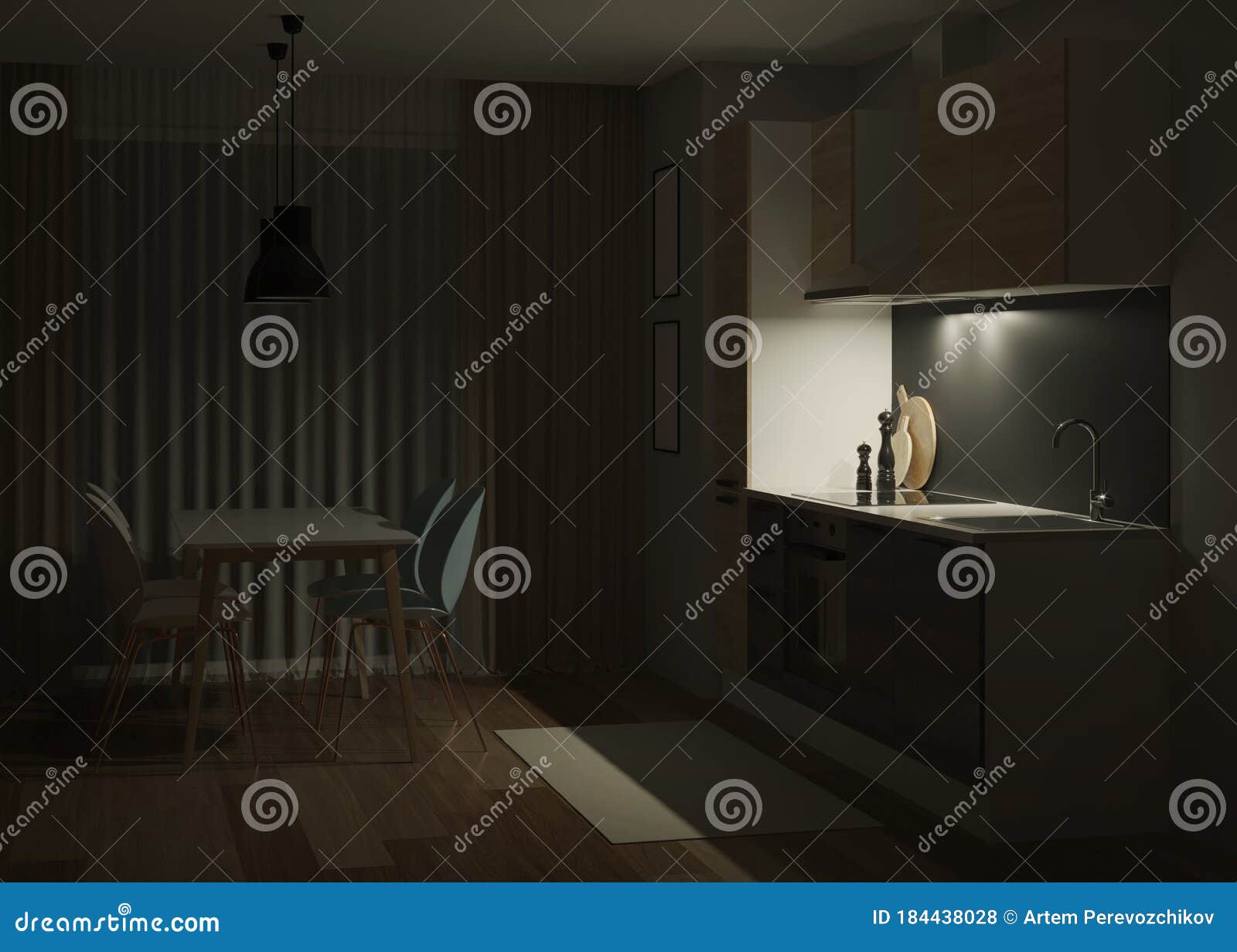 Kitchen Interior in a Modern Style. Night. Evening Lighting Stock ...