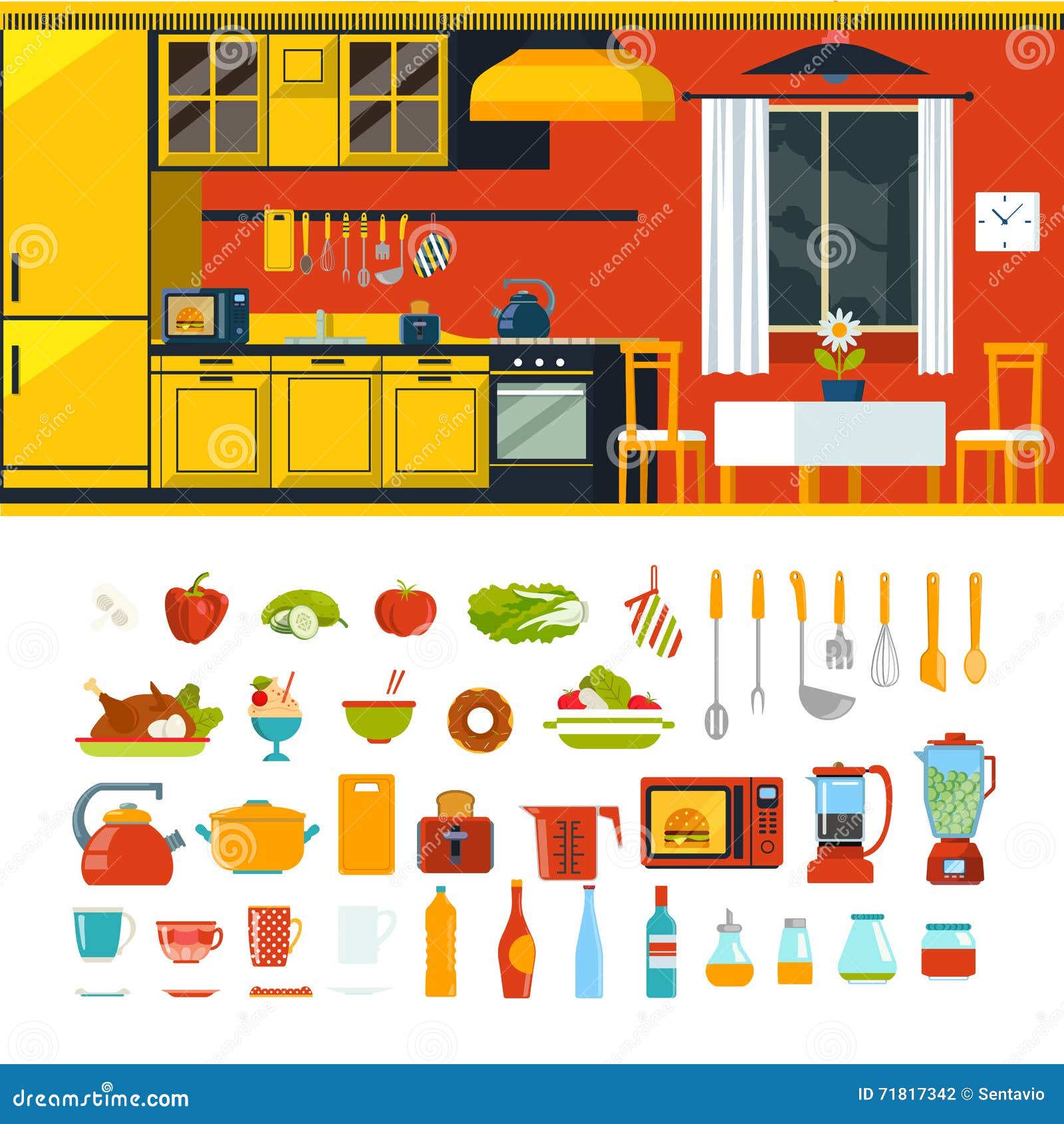 Kitchen Interior Object Constructor Template Vector Icon Set Stock ...