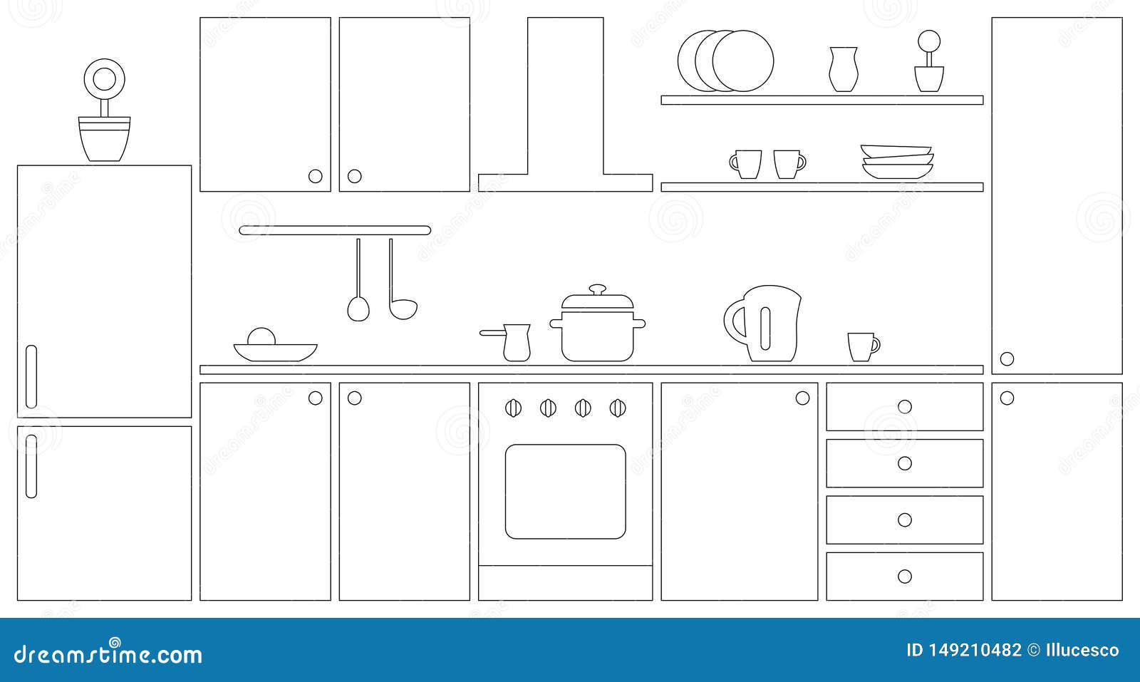 Kitchen Interior Outline. Kitchen Furniture. Vector Illustration Stock ...
