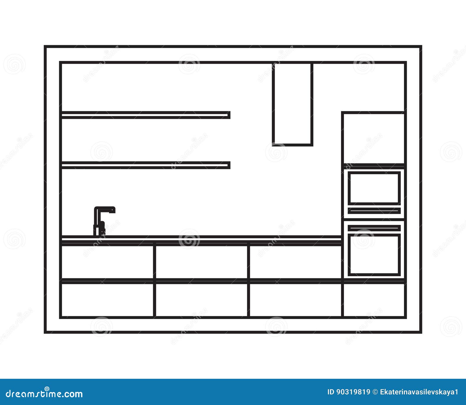 Kitchen Interior Plan. Modern Kitchen Furniture Made in Line Art Style ...