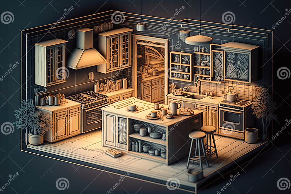Kitchen Interior Plans Emerging from Architectural Draw. Generative AI ...