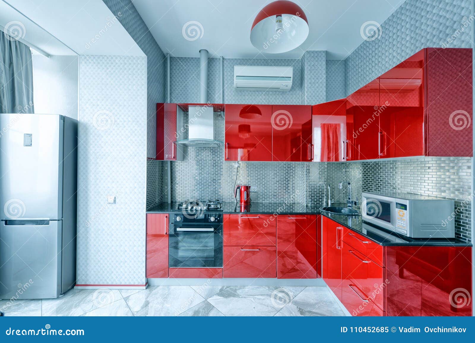 Kitchen Interior in Red Color Modern House. Stock Image - Image of ...