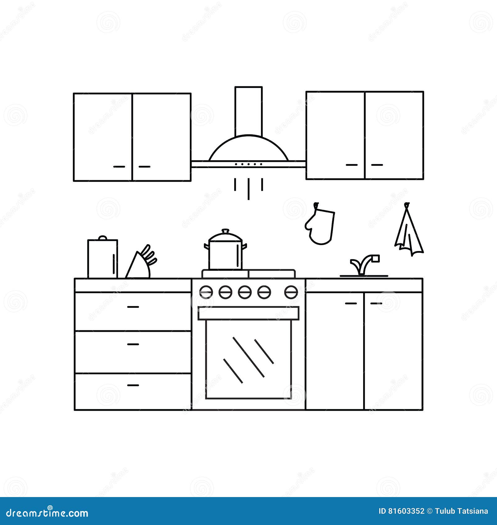 Kitchen Interior in the Style of the Line. Stock Vector - Illustration ...