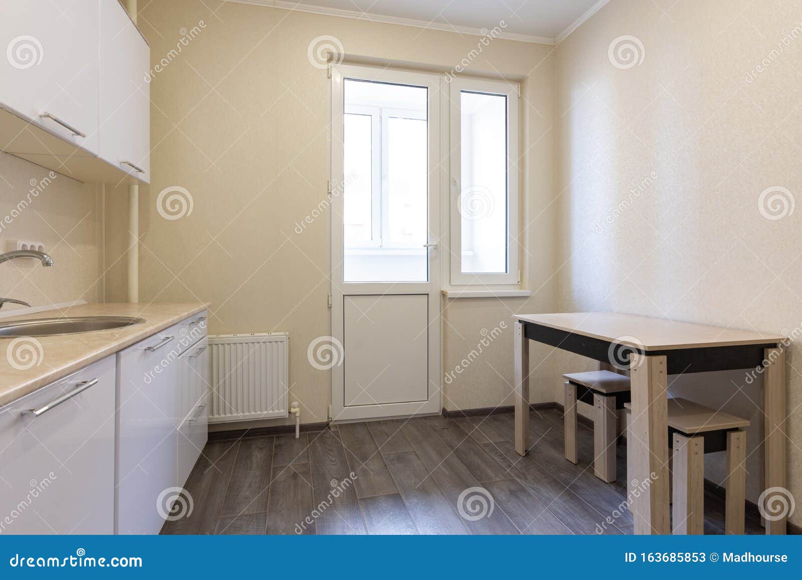 Kitchen Interior, View from the Closed Balcony Door Stock Image - Image ...