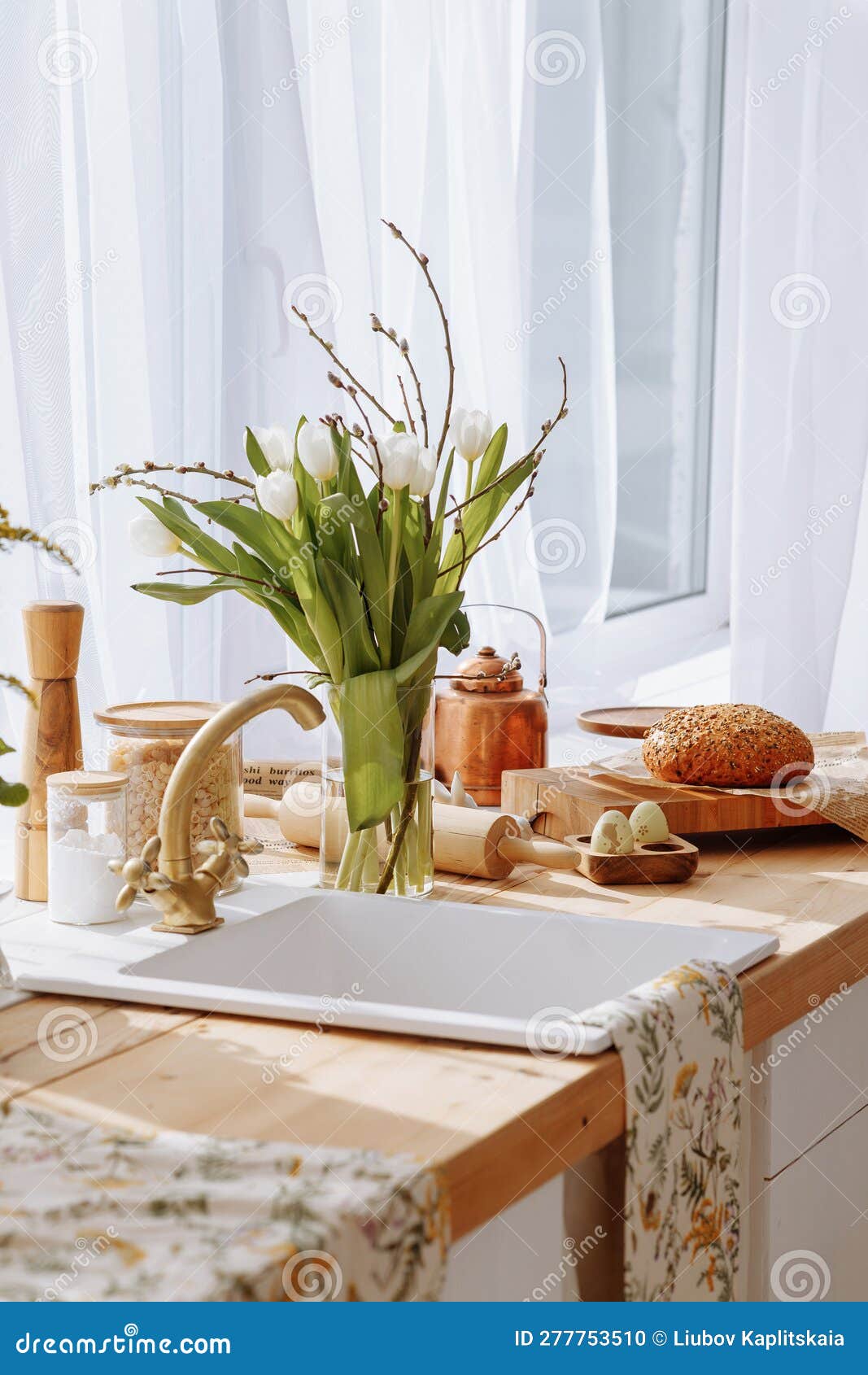 Kitchen Interior with Wood Worktop Stock Photo - Image of blossom ...