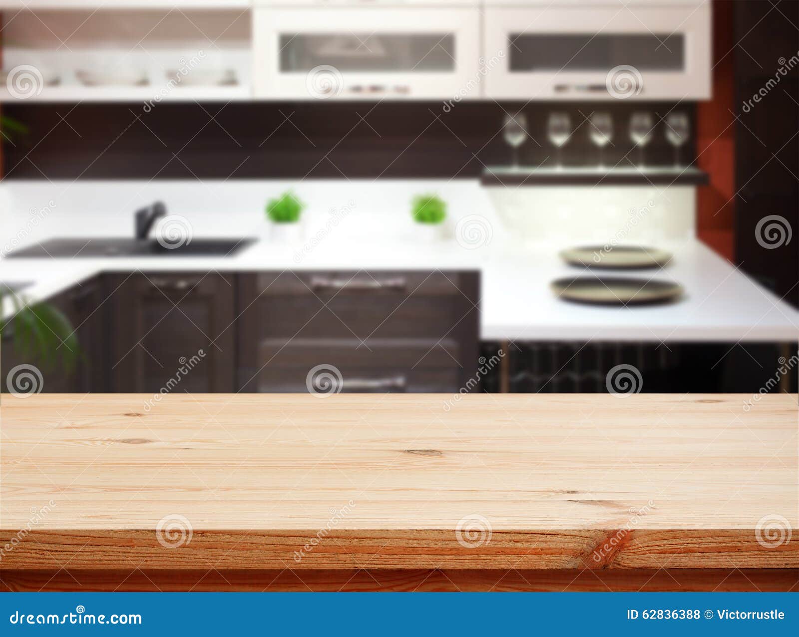 Kitchen Interior Wooden Table Stock Photo - Image of horizontally ...