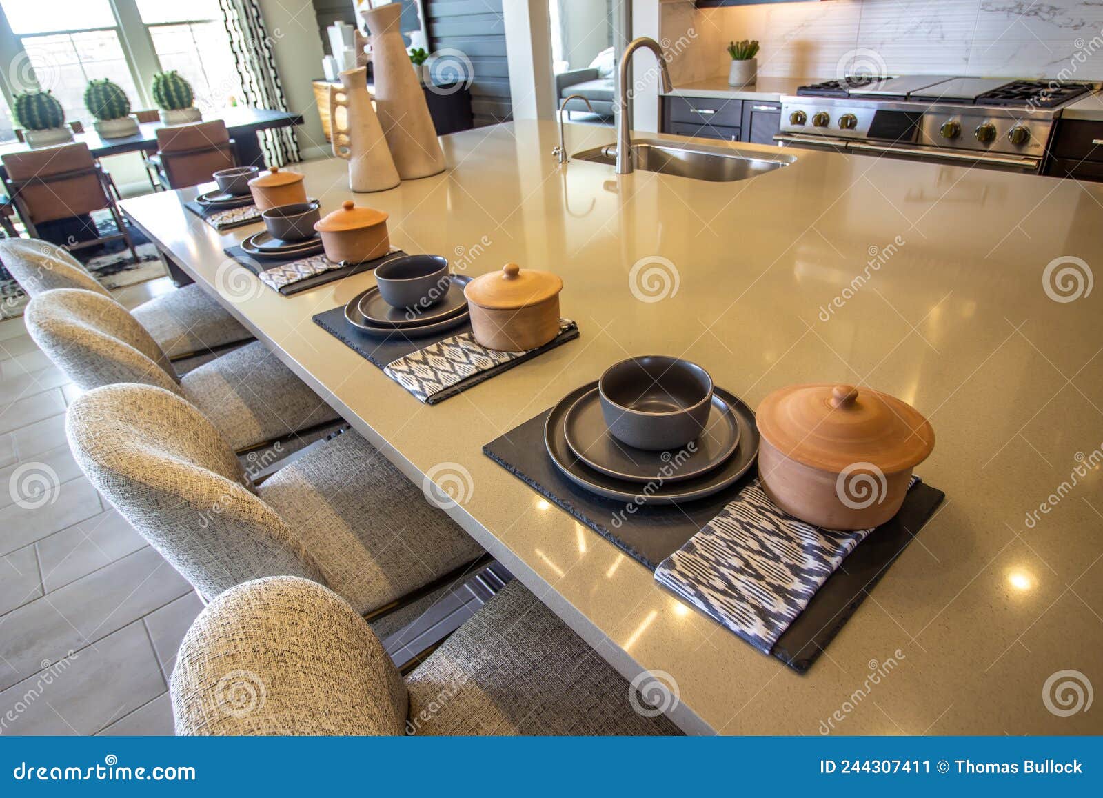 Kitchen Island Counter Top with Place Settings Stock Image - Image of ...