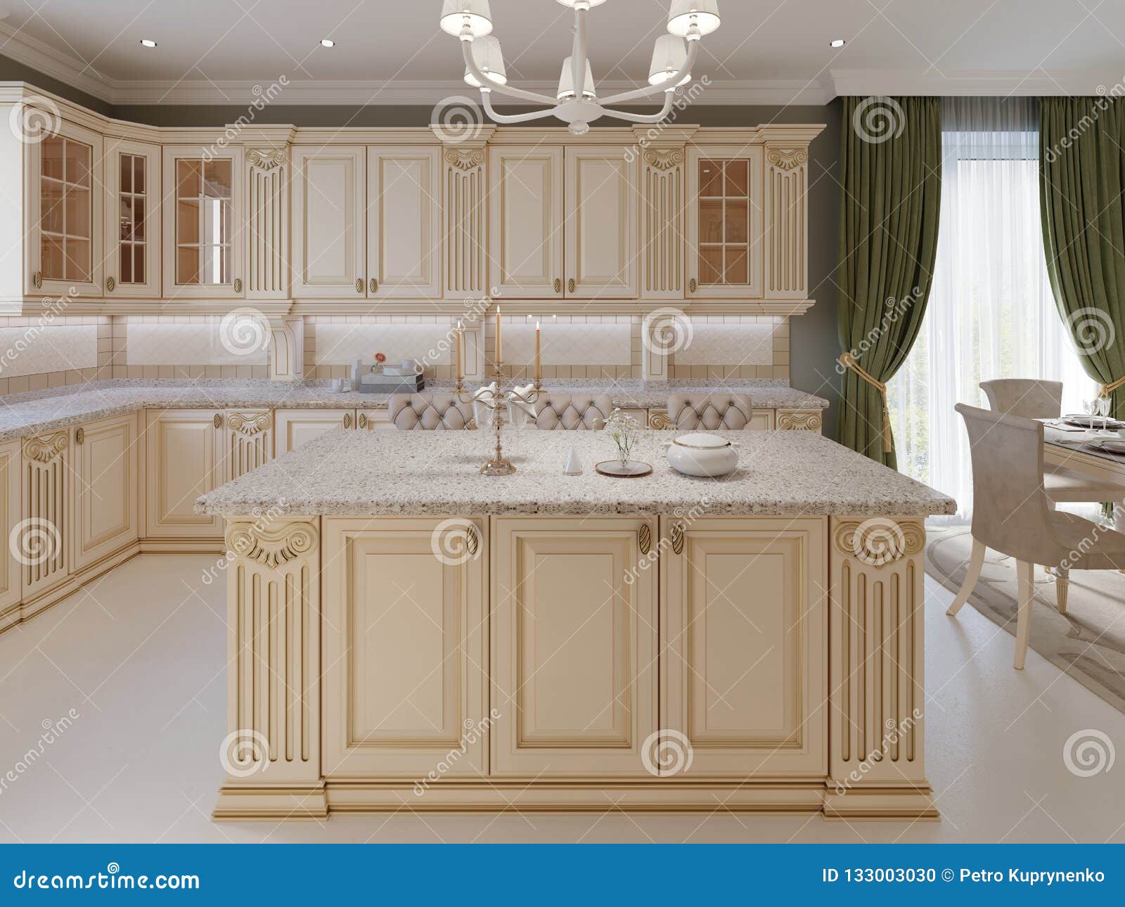 Kitchen Island in a Luxurious Classic Style Kitchen Stock Illustration ...