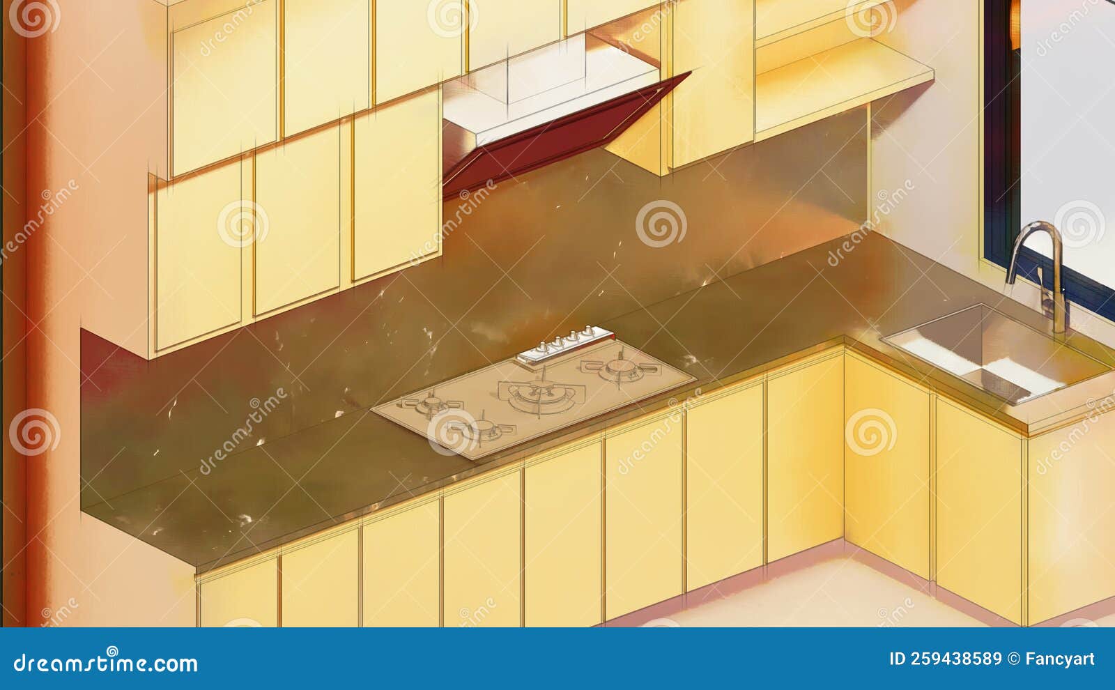 Kitchen Isometric Watercolor Close Up Sketch Stock Illustration ...