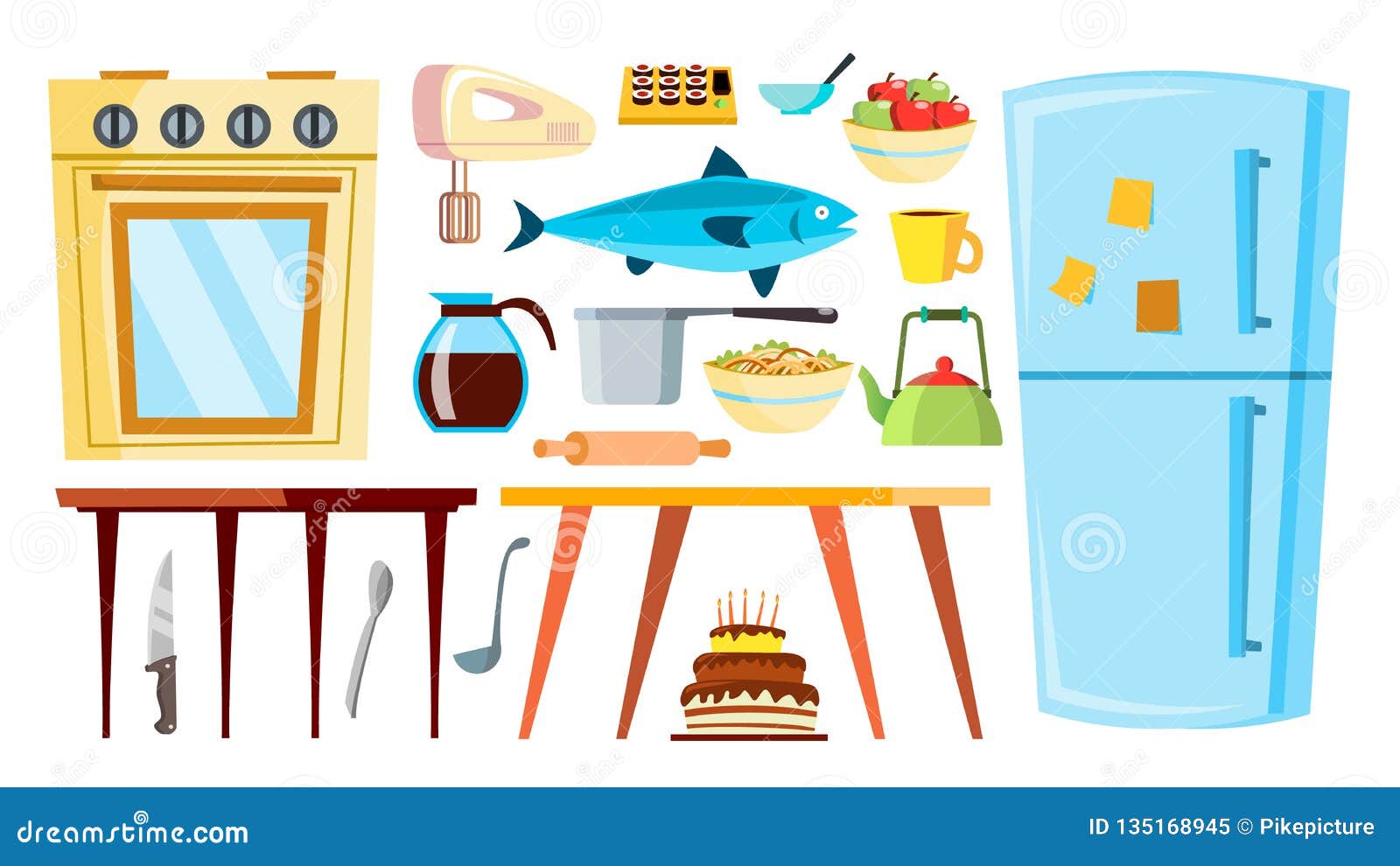 Kitchen Items Vector. Refrigerator, Table, Food, Tableware, Objects ...