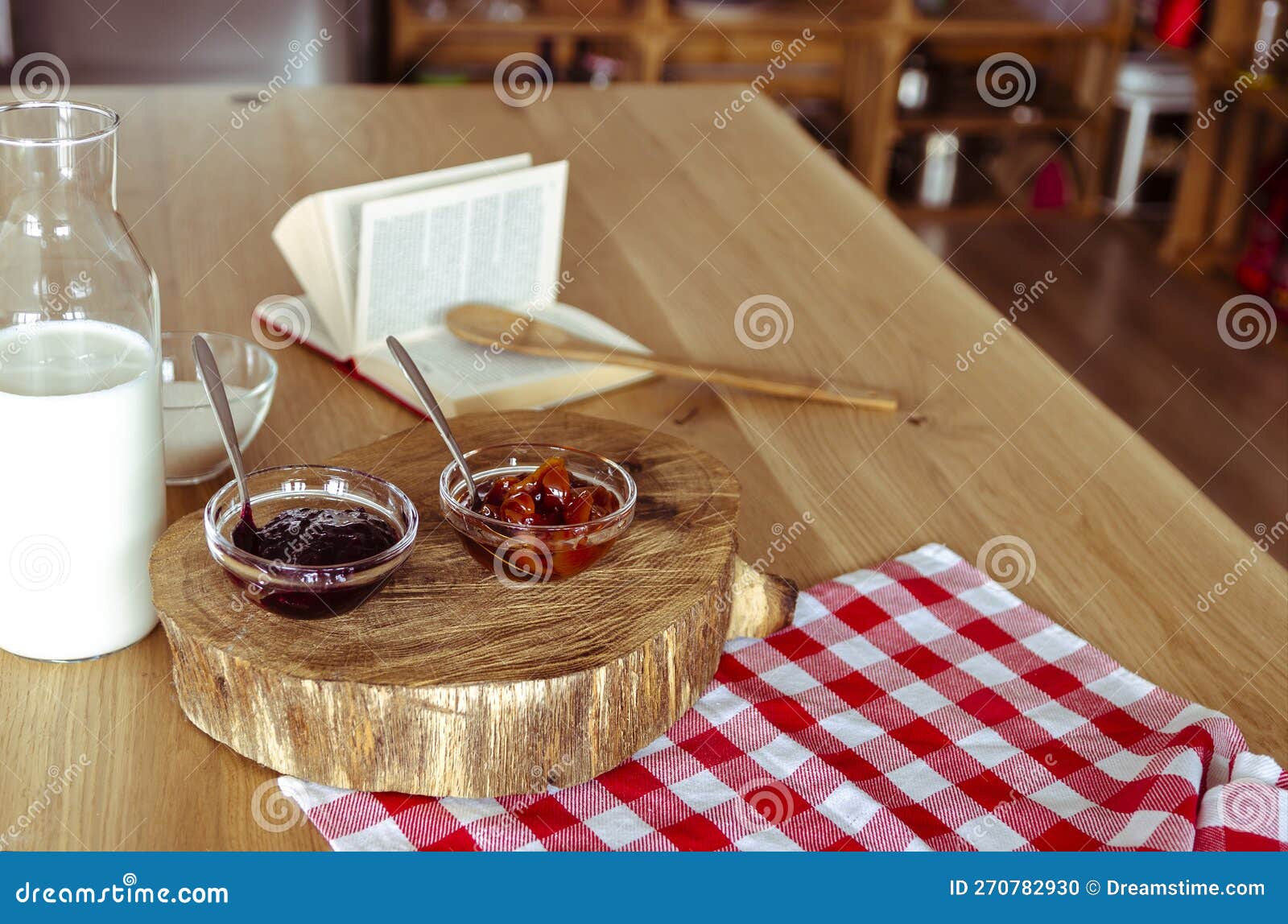 Kitchen. Jam in Glass Plates Stands on a Wooden Stand on the Kitchen ...