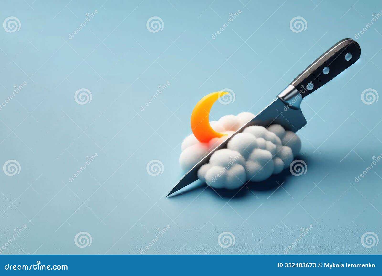 Kitchen Knife Cutting a Cloud with a Crescent Moon. Space for Text ...