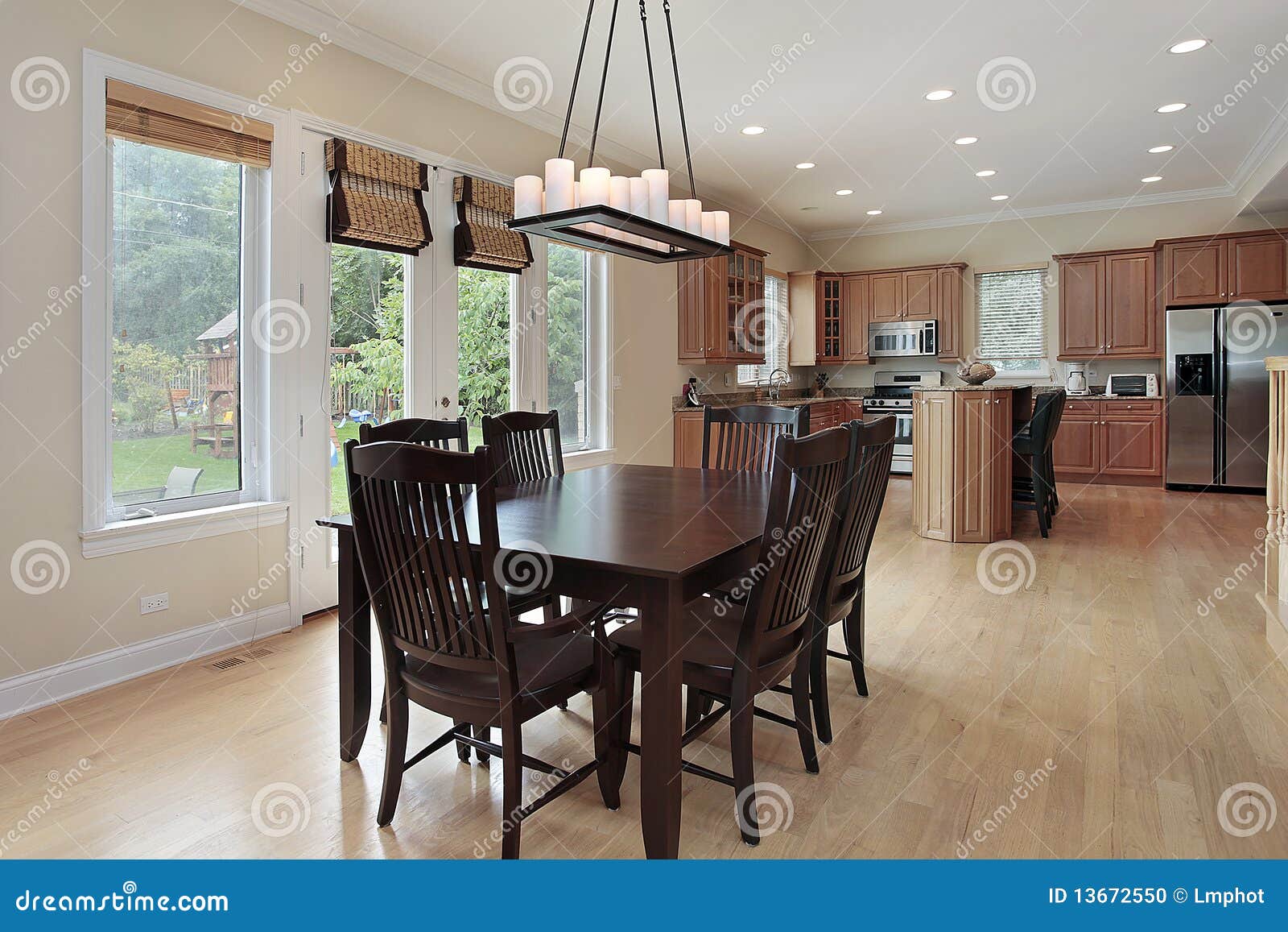 Kitchen with Large Eating Area Stock Photo - Image of luxury, family ...
